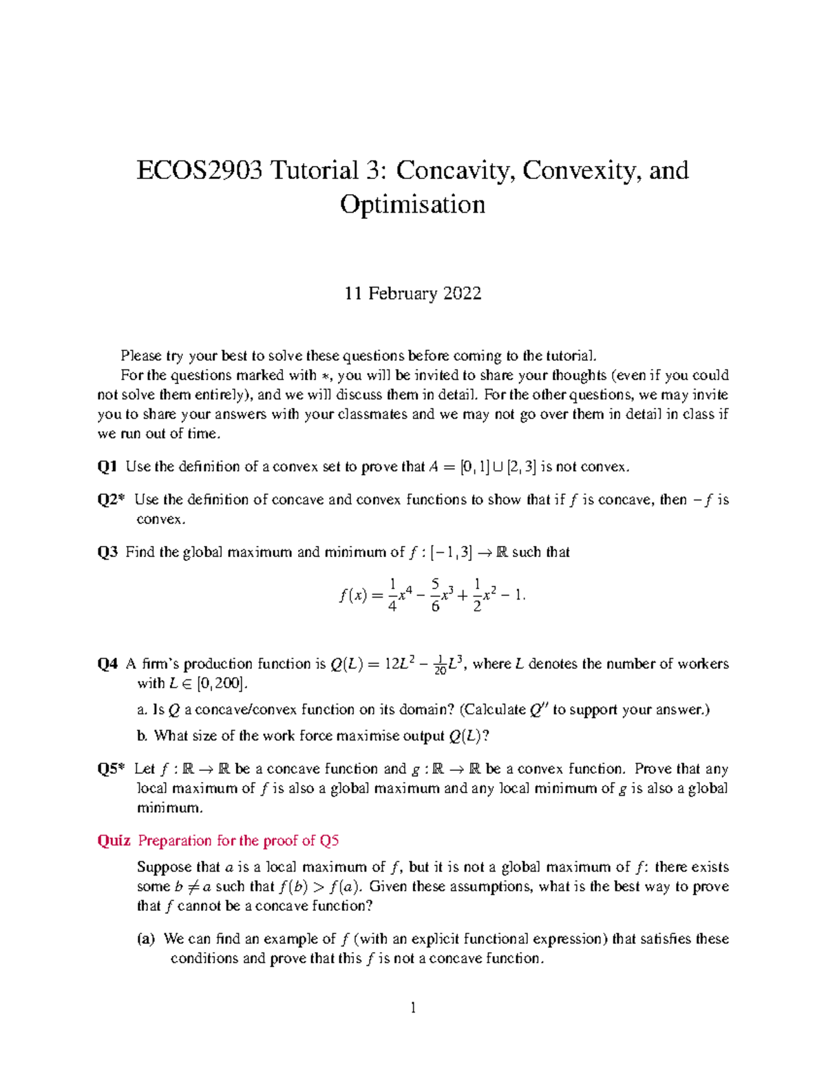 ECOS2903 Tutorial 3: Concavity, Convexity & Optimisation Questions ...