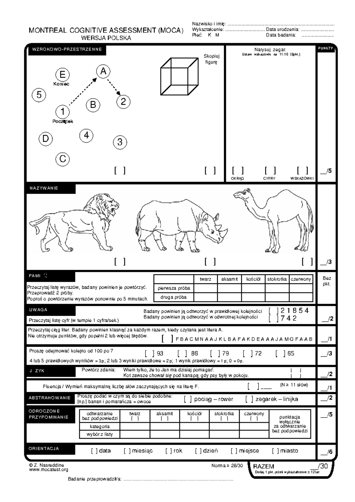 MoCA Test - Polish Version: Assessment and Scoring Guide - Studocu