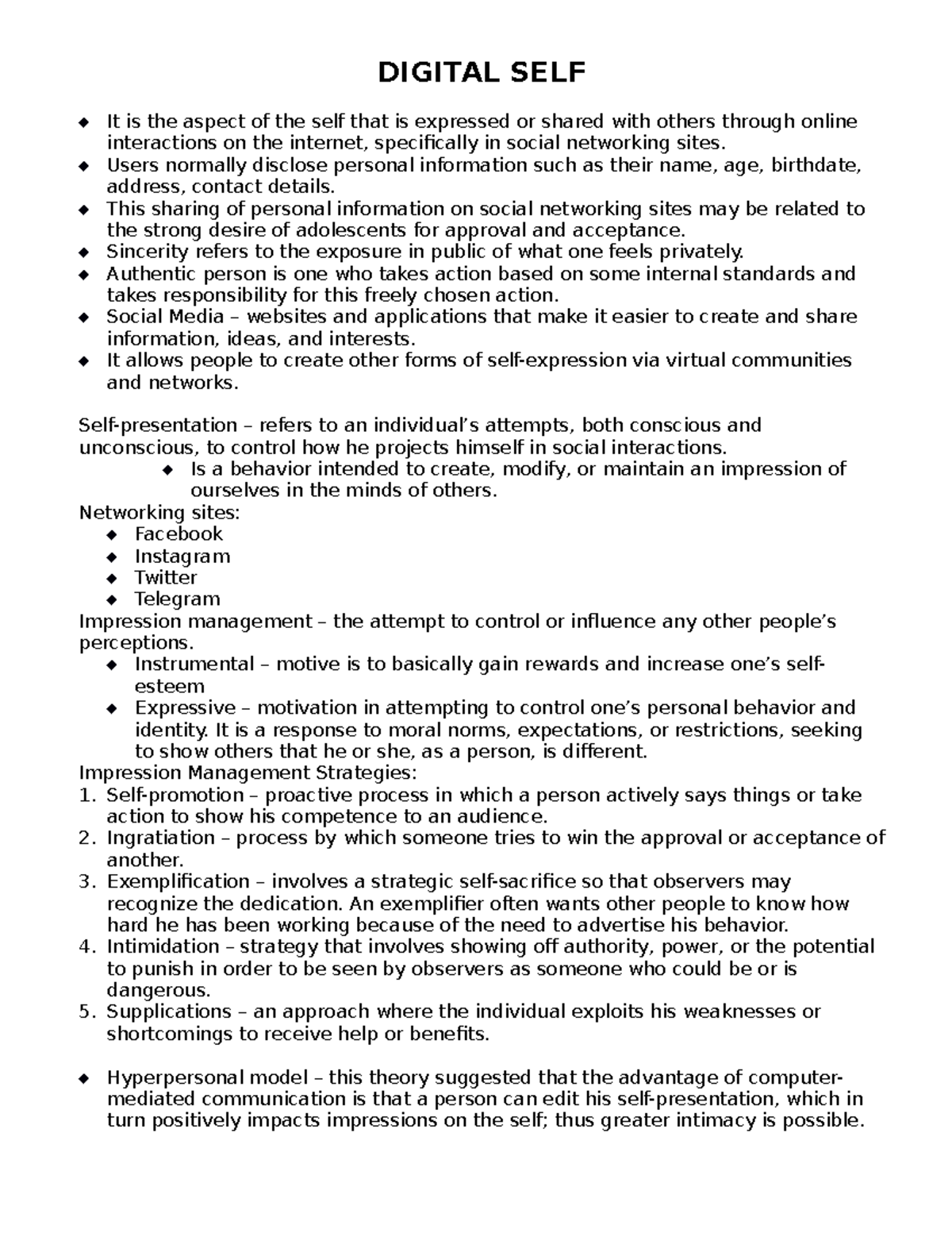 UTS Digital SELF - Understanding the self - DIGITAL SELF It is the ...