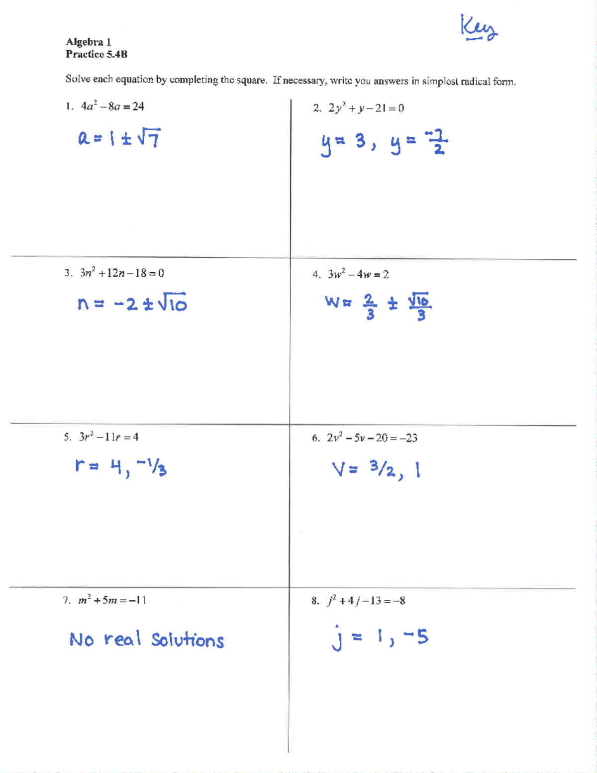 HW Practice 5 - Algebra 1 Solving Equations by Completing the Square ...