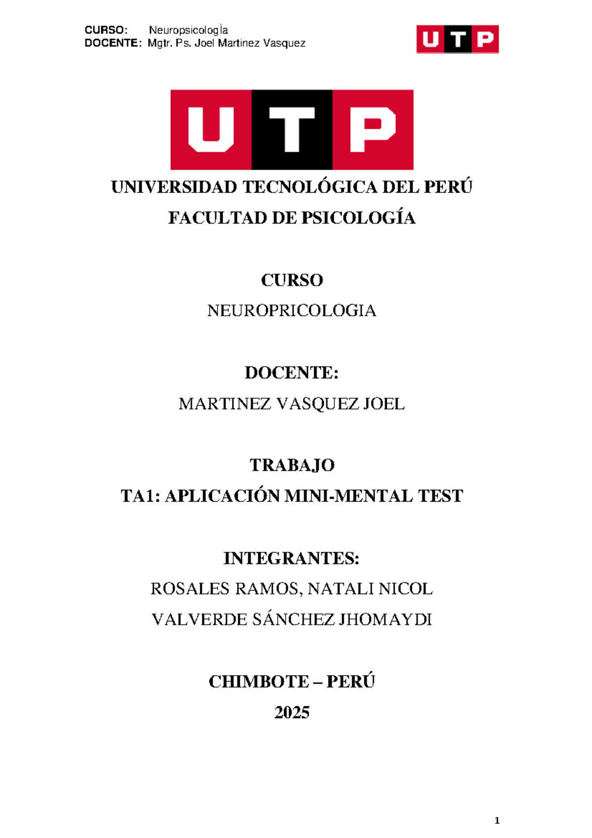 TA1: Informe Psicológico del Test Mini Mental en Neuropsicología - Studocu