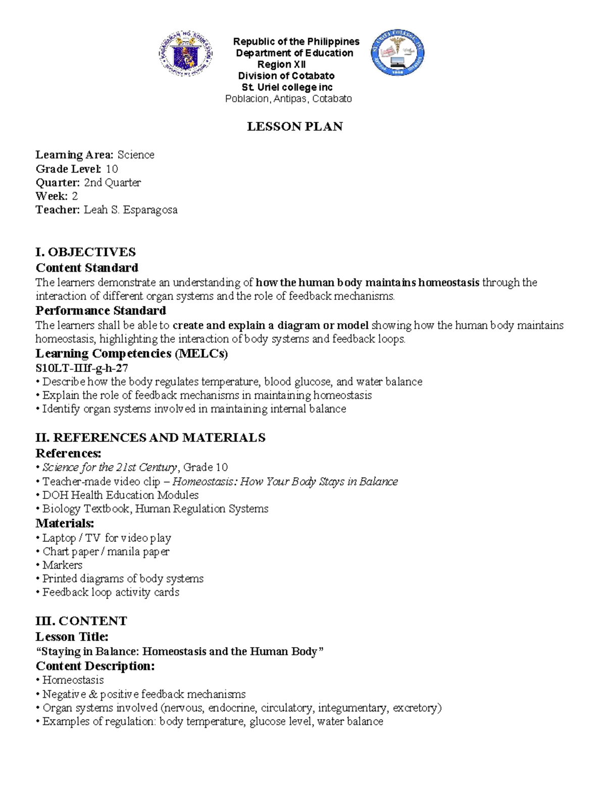 Lesson Plan: Homeostasis in the Human Body - Grade 10, 2nd Quarter ...