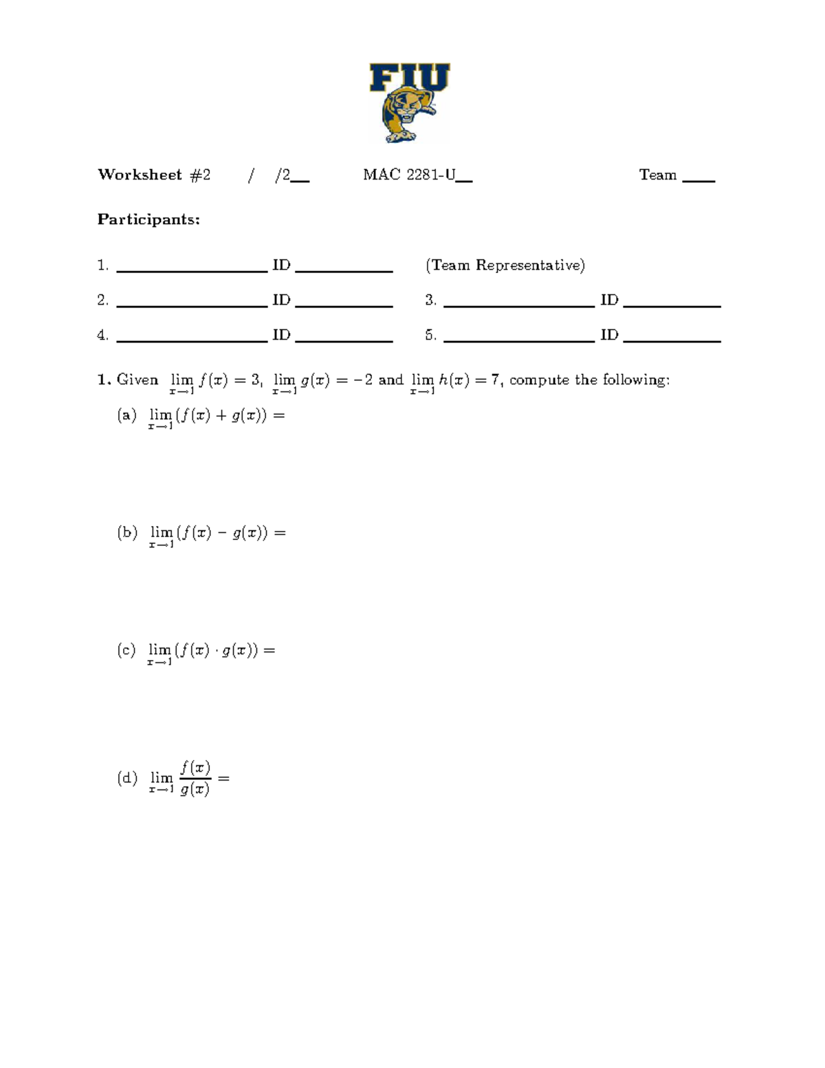 MAC 2281 Worksheet #2: Evaluating Limits & Continuity Conditions - Studocu