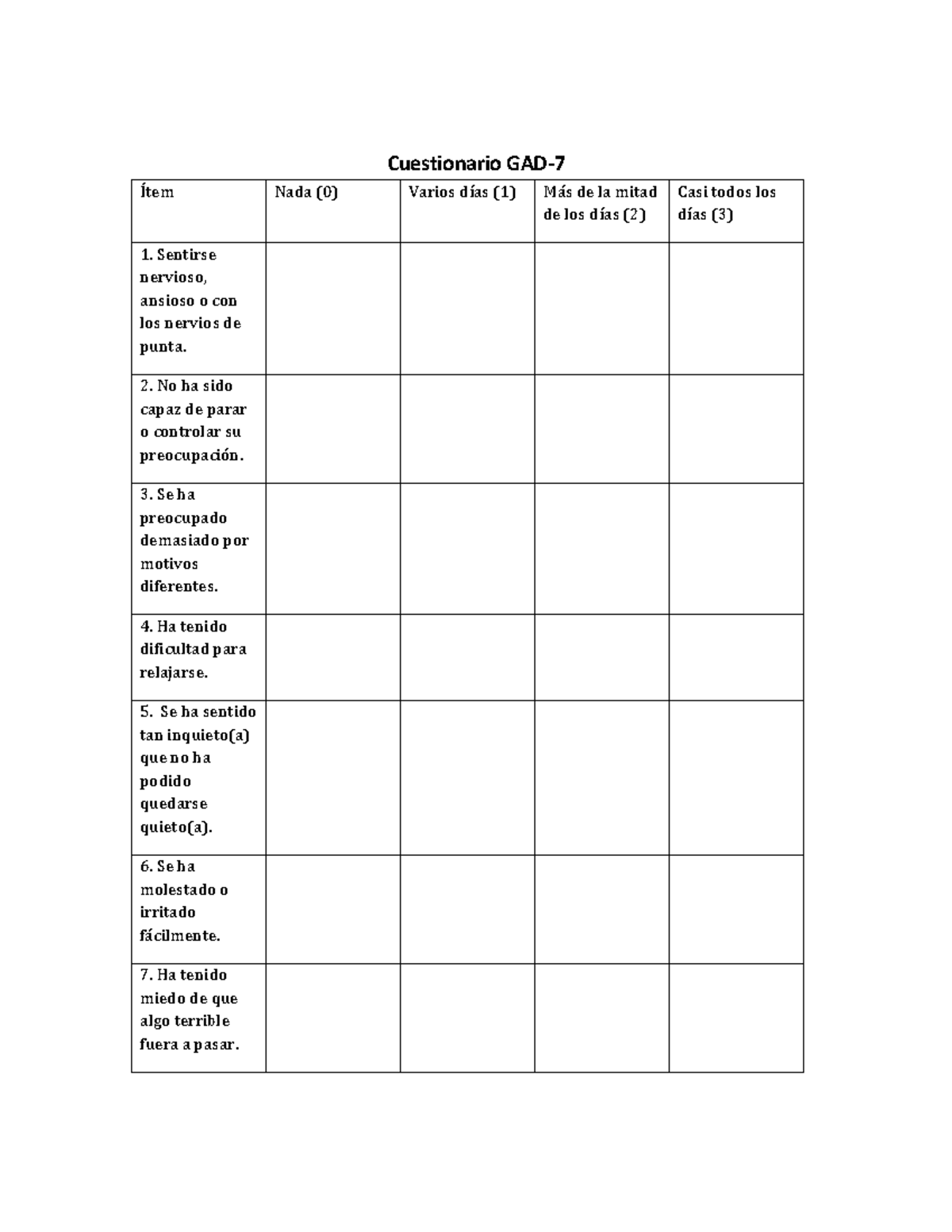 Test GAD7 - GAD 7 - Cuestionario GAD- Ítem Nada (0) Varios días (1) Más ...