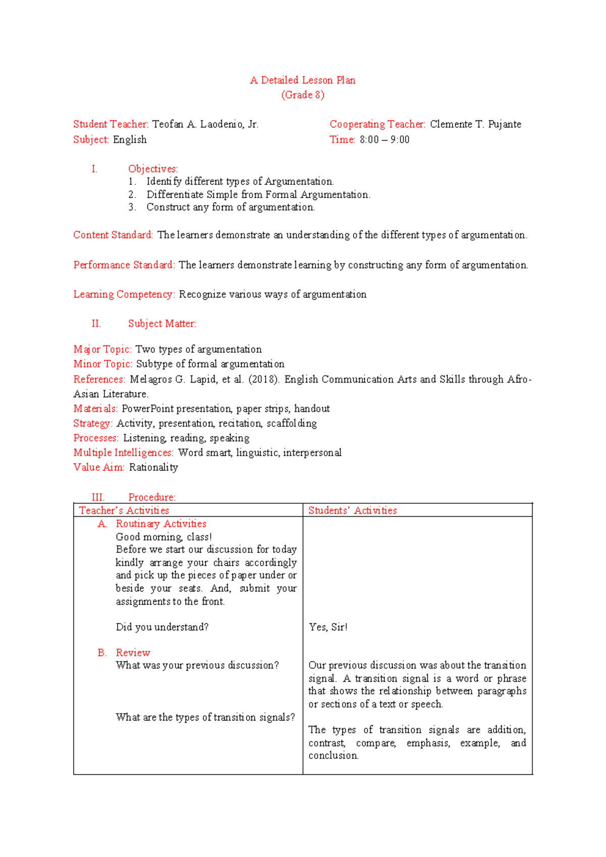 Grade 8 Detailed Lesson Plan: Understanding Argumentation - Studocu