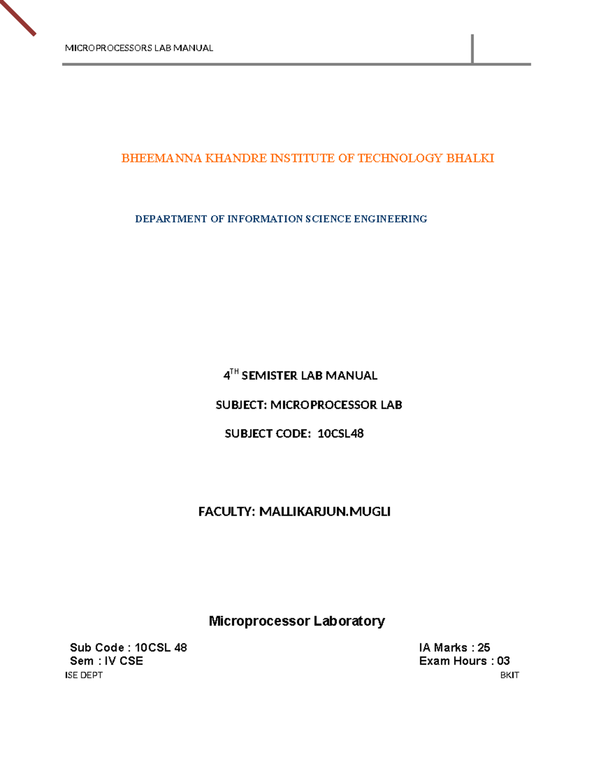 Microprocessor Lab Manual - 10CSL for 4th Semester CSE - Studocu