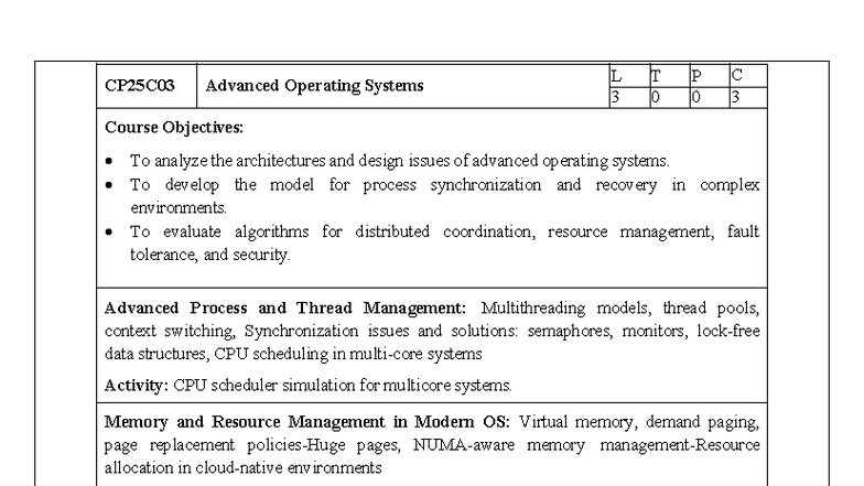 CP25C03 L3 Advanced Operating Systems: Unit 1 Process & Thread Management - Studocu