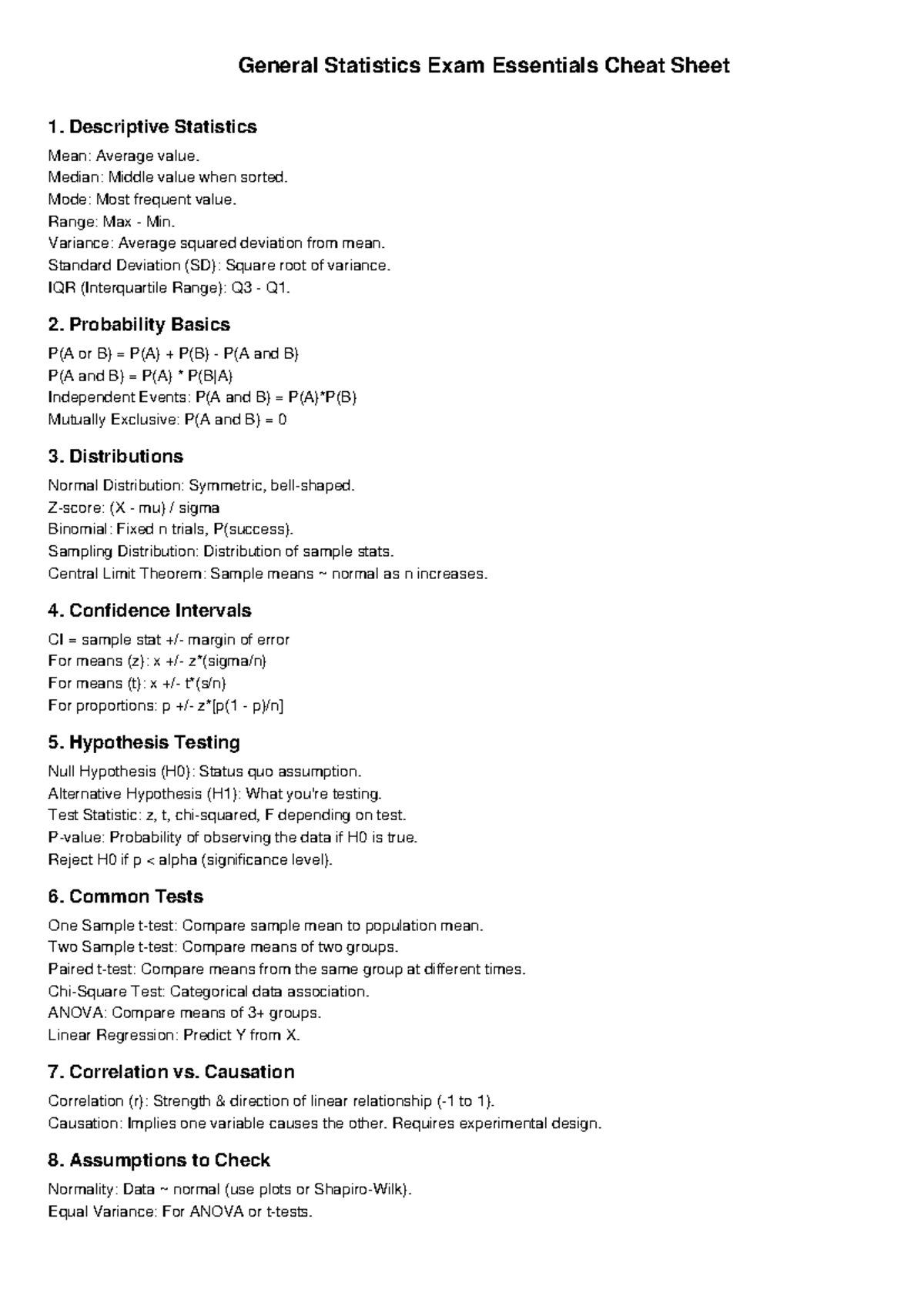 Statistics Exam Essentials Cheat Sheet - Descriptive Statistics Mean ...