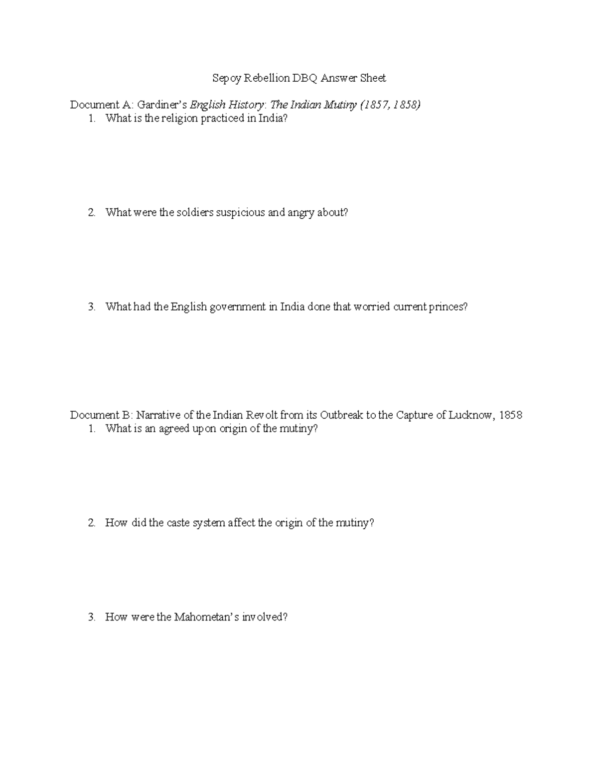 Sepoy Rebellion DBQ Analysis Sheet: Key Questions and Insights - Studocu
