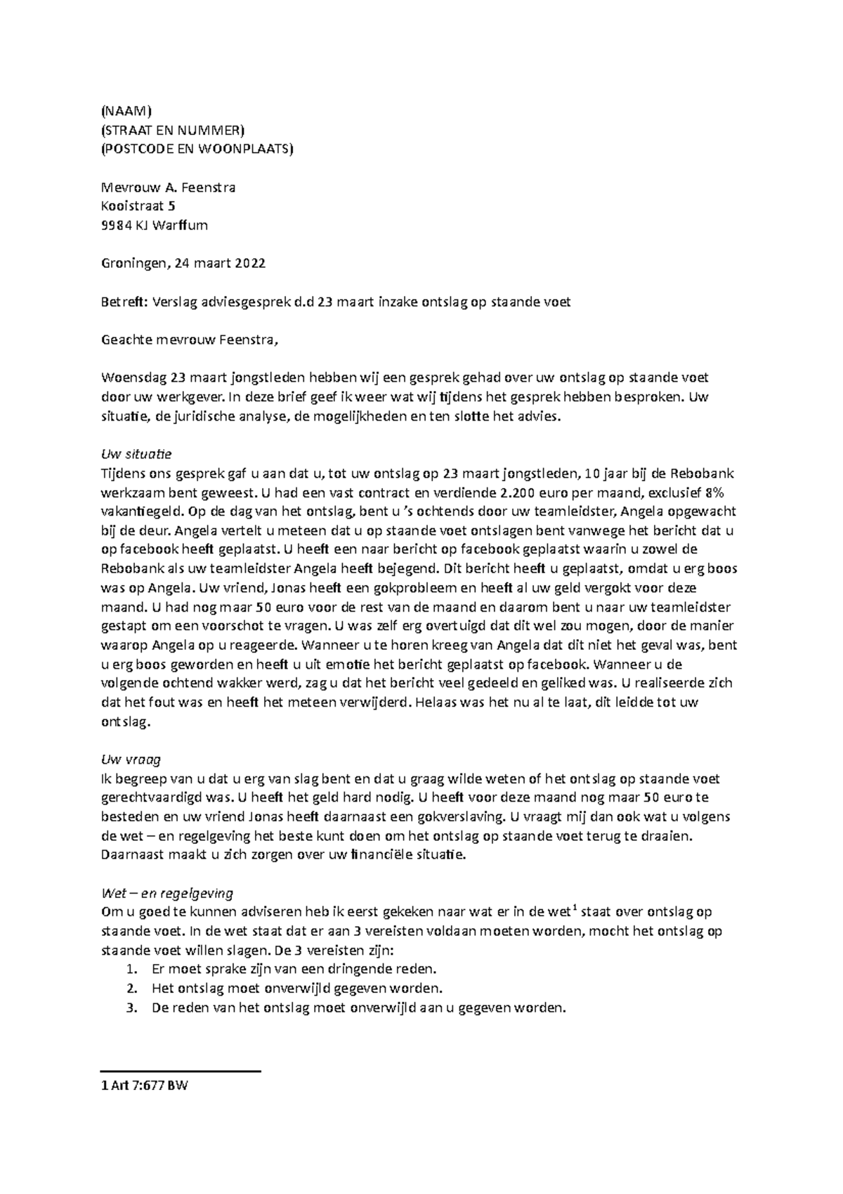 Adviesbrief X - (NAAM) (STRAAT EN NUMMER) (POSTCODE EN WOONPLAATS ...