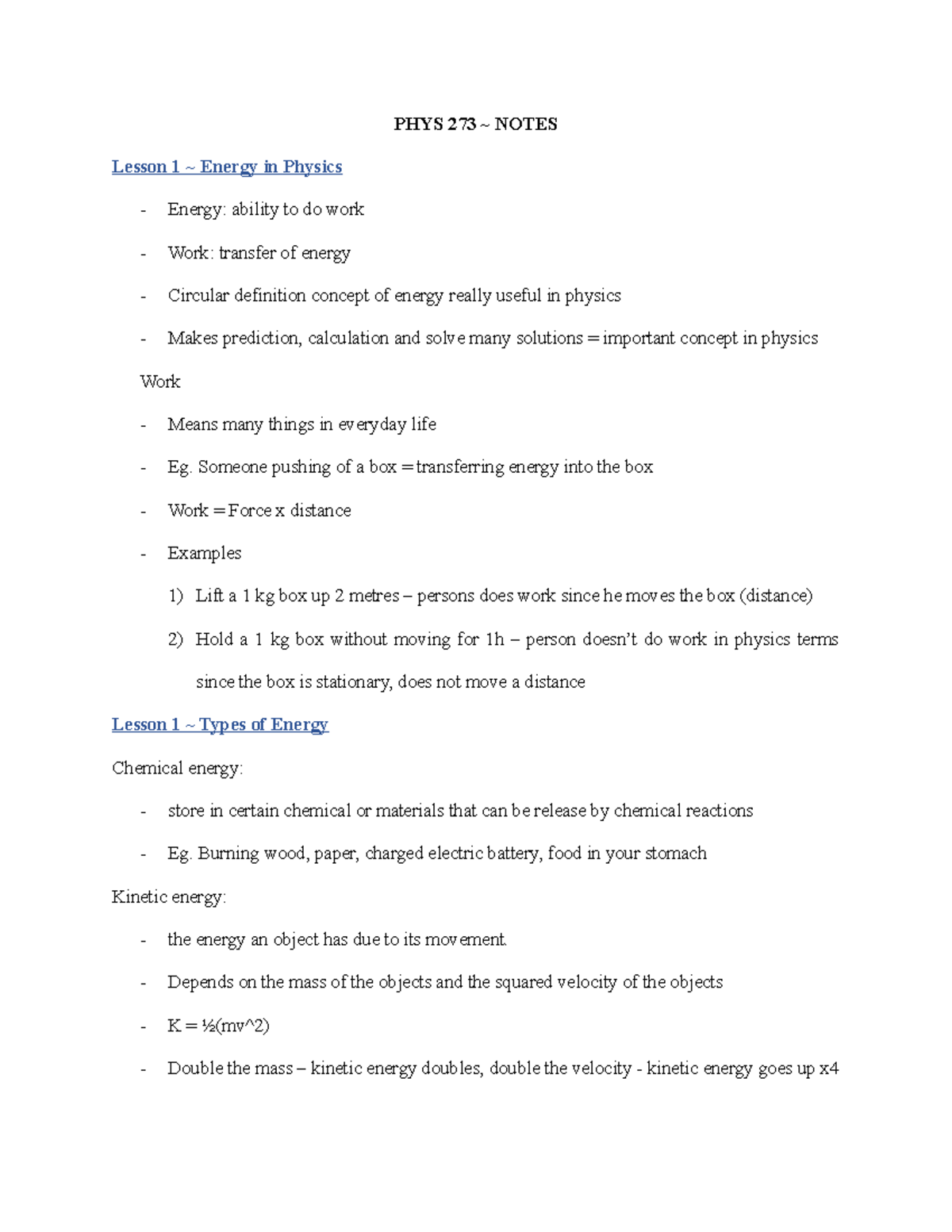 PHYS 273 NOTES: Lesson 1 - Energy Concepts and Conservation - Studocu