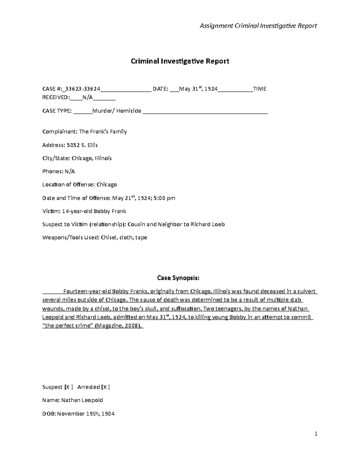 CJ210-Unit-4-Criminal-Investigative-Report-Case-of-Bobby-Franks - Studocu