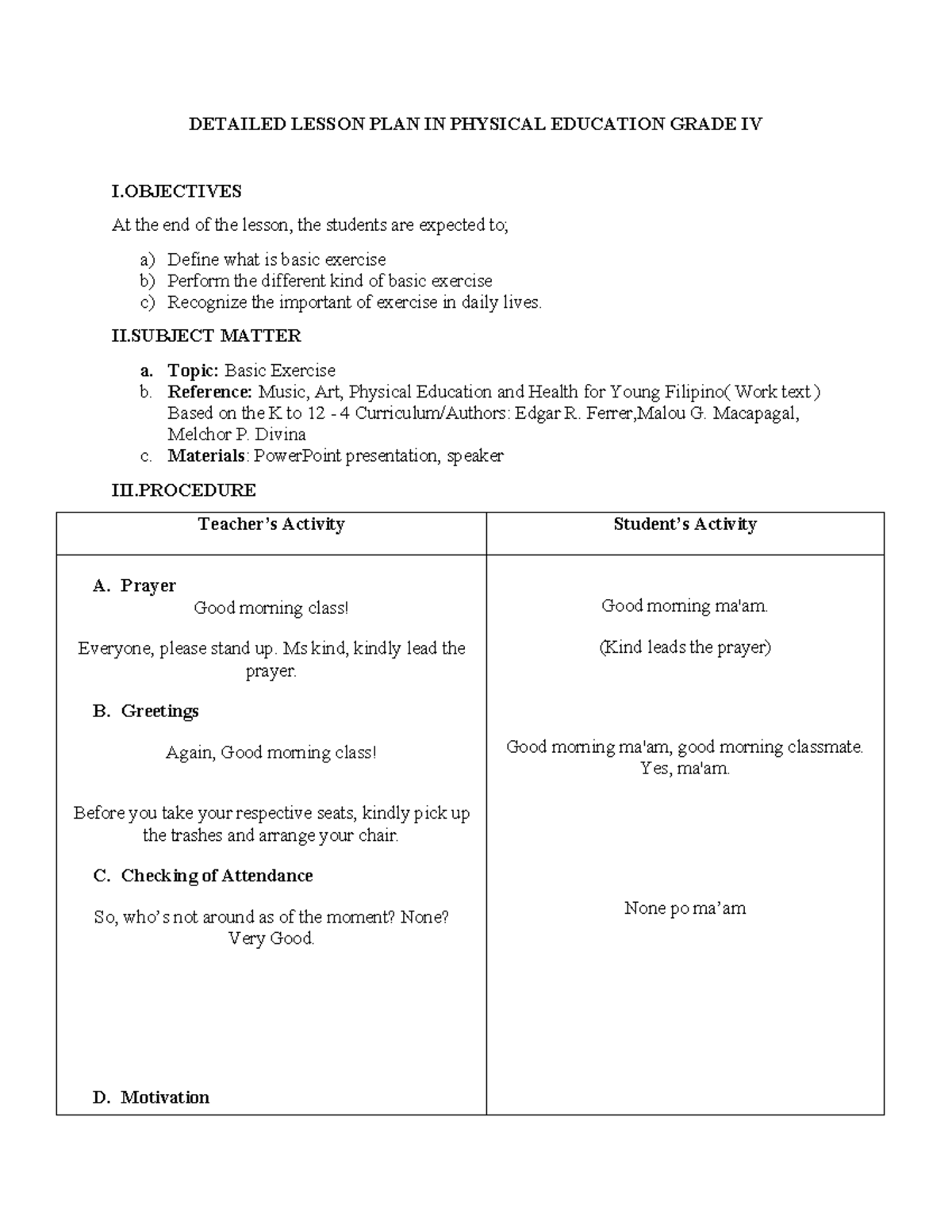 Detailed Lesson PLAN IN Physical Education Grade IV - DETAILED LESSON ...