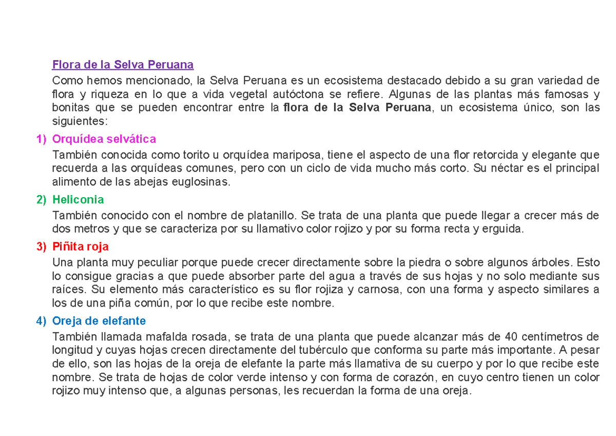 Flora de la Selva Peruana: Variedades y Características - Studocu