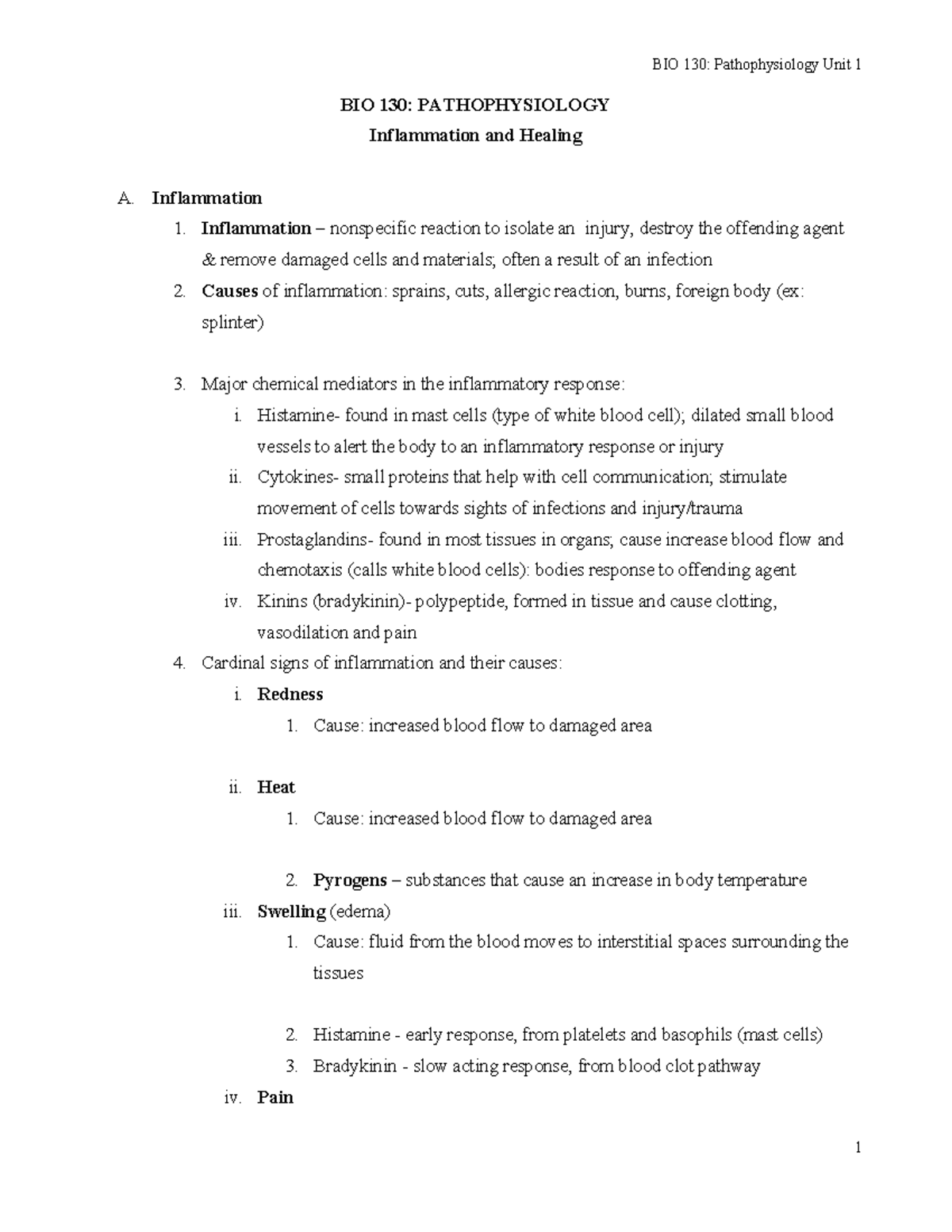 BIO 130: Pathophysiology - Overview of Inflammation & Healing - Studocu