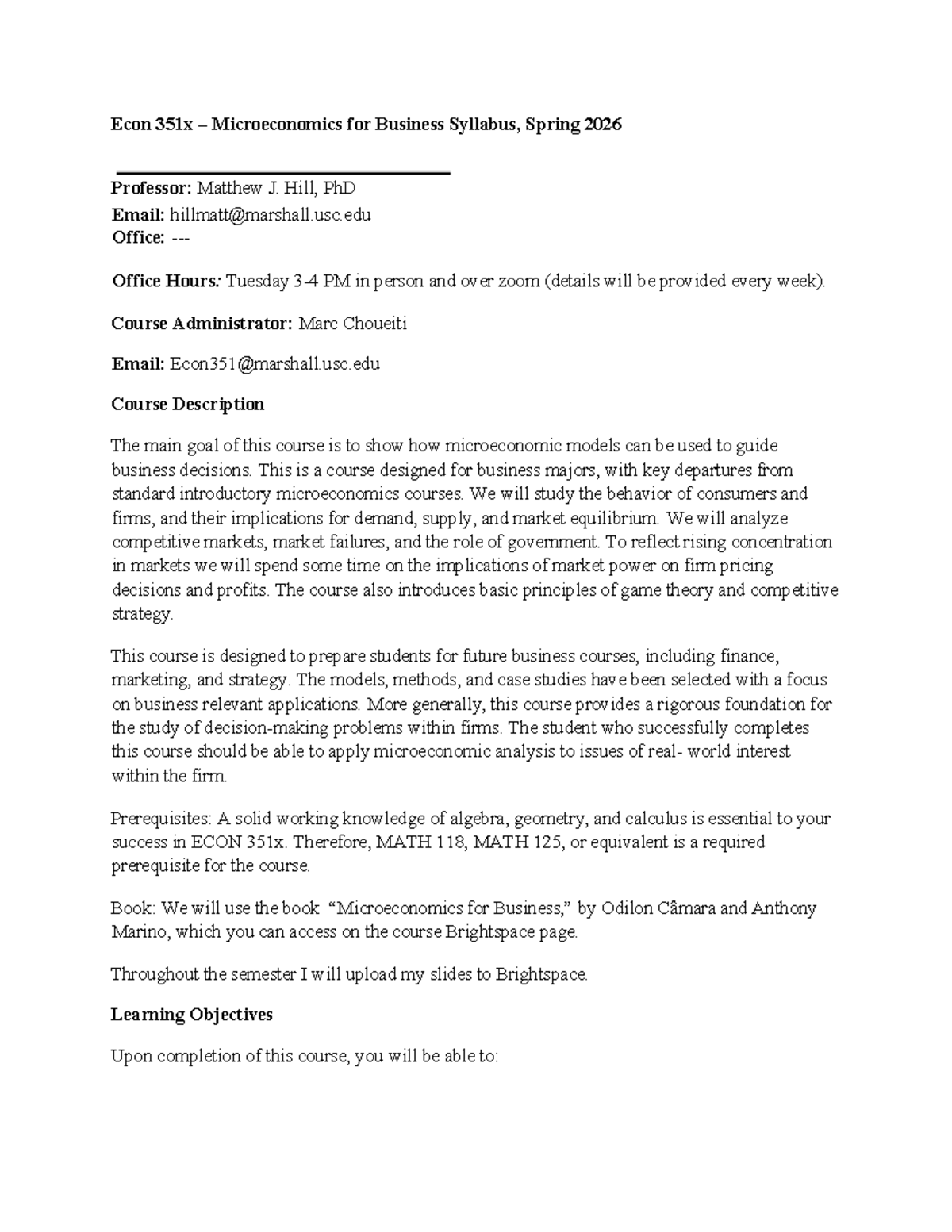 Econ 351x Microeconomics for Business Syllabus - Spring 2026 - Studocu