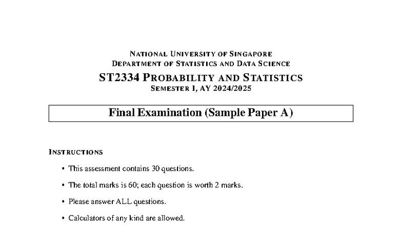 ST2334 Probability and Statistics Final Exam Sample Paper A - Studocu