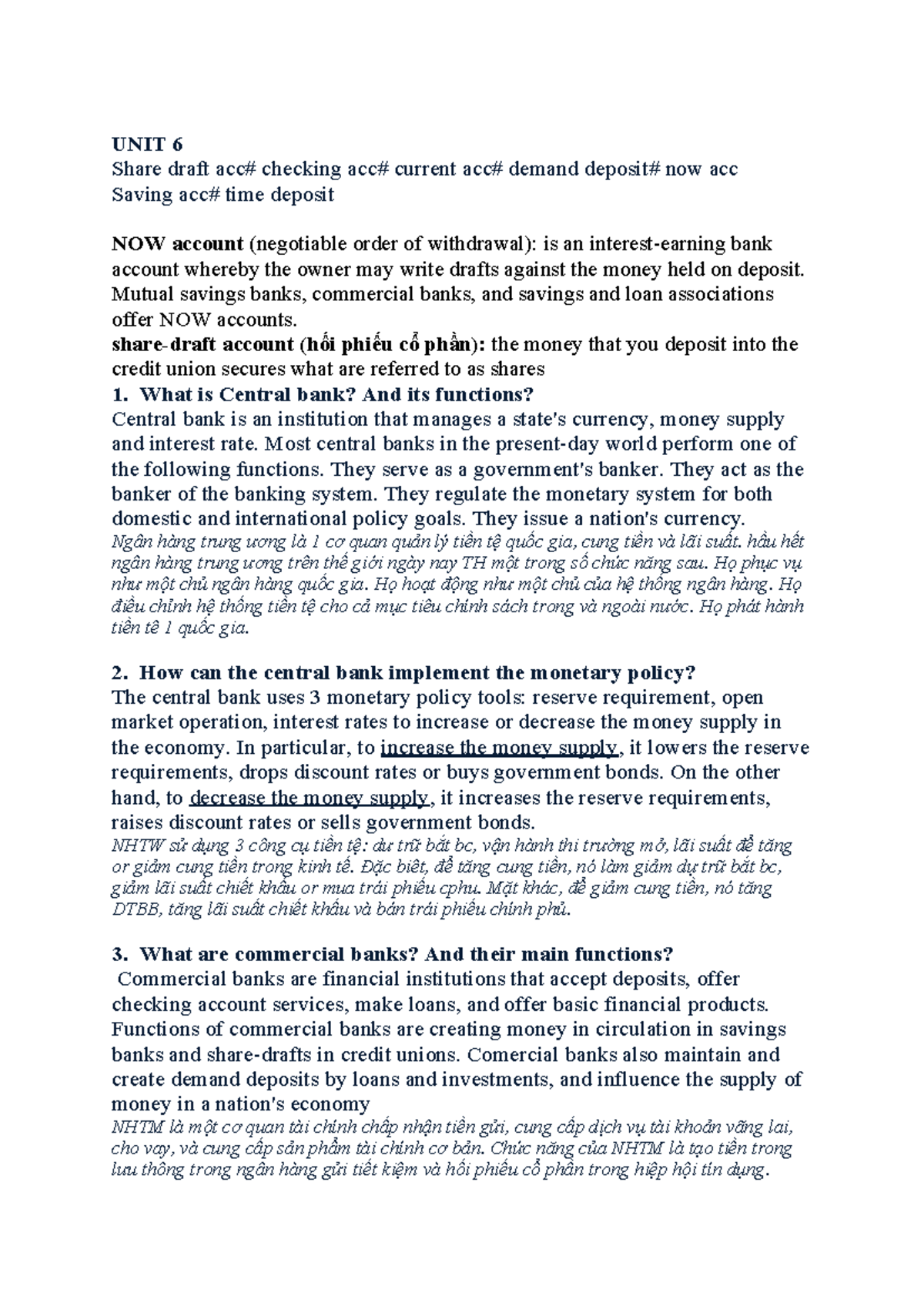 Unit 6: Understanding banking accounts and monetary policy functions ...