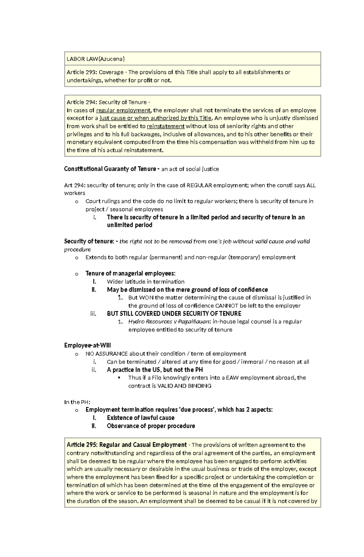 Labor Law: Analysis of Azucena Articles 293-296 - Studocu