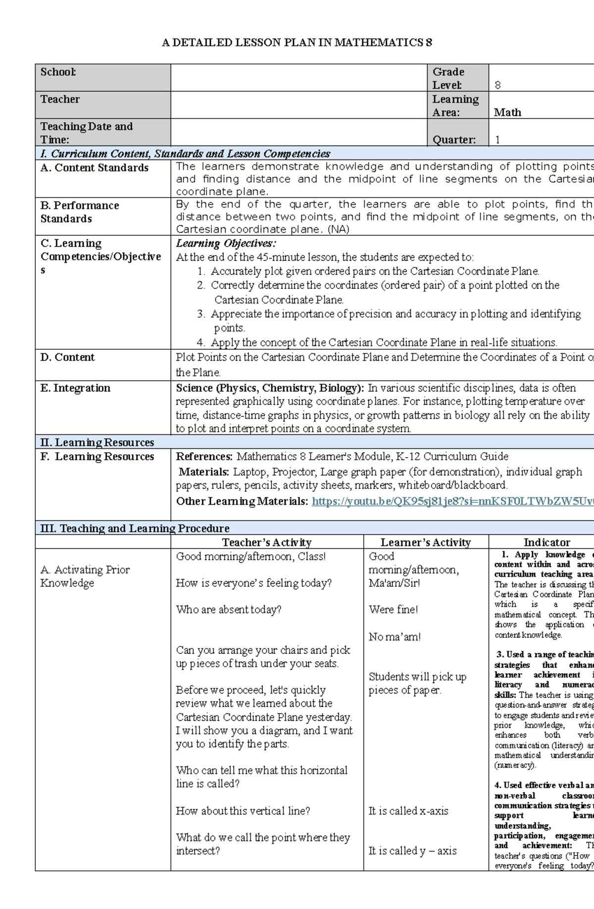 Mathematics 8 Lesson Plan: Plotting Points on the Cartesian Plane - Studocu