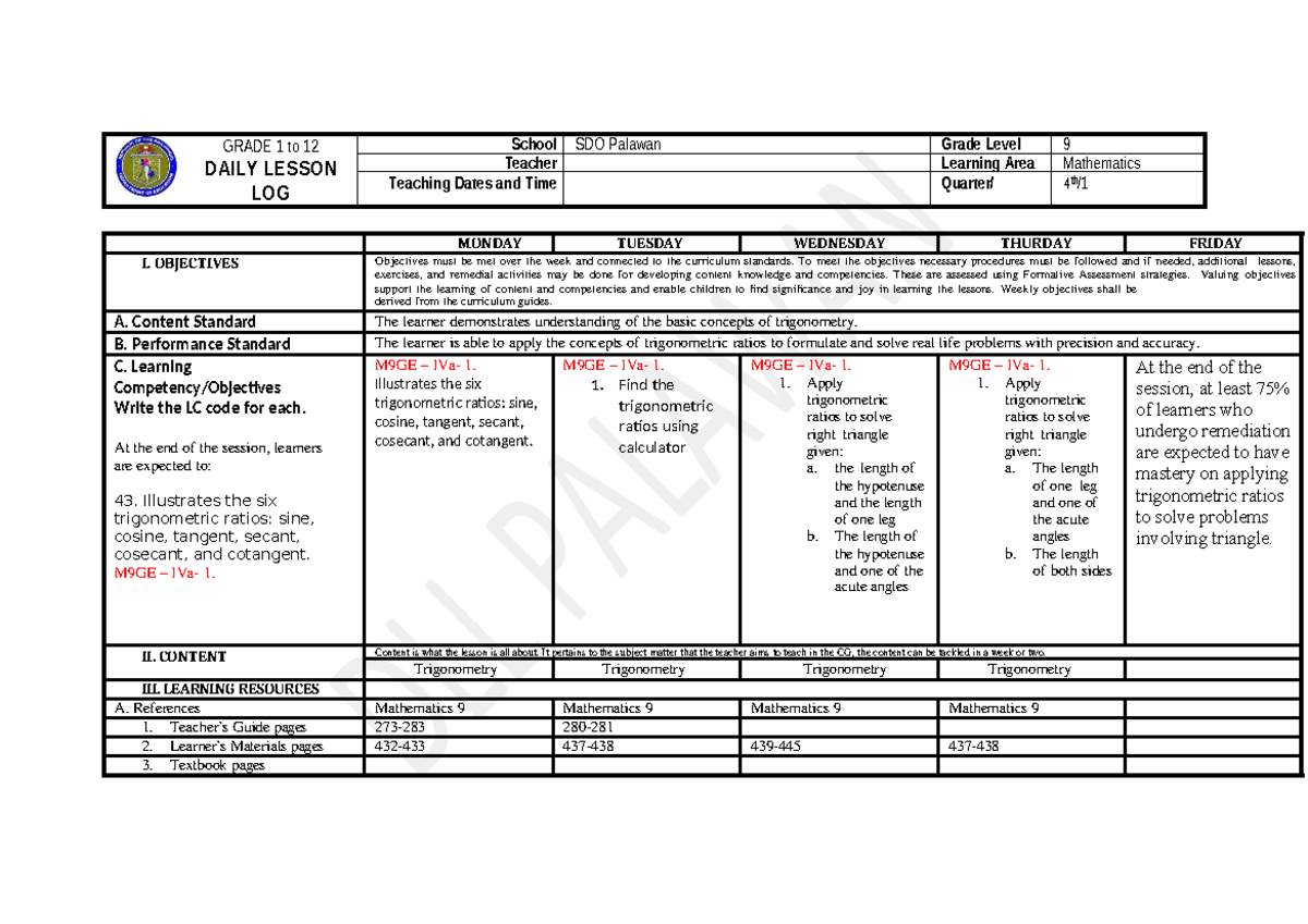 GRADE 9 MATHEMATICS DAILY LESSON LOG: TRIGONOMETRY OBJECTIVES ...