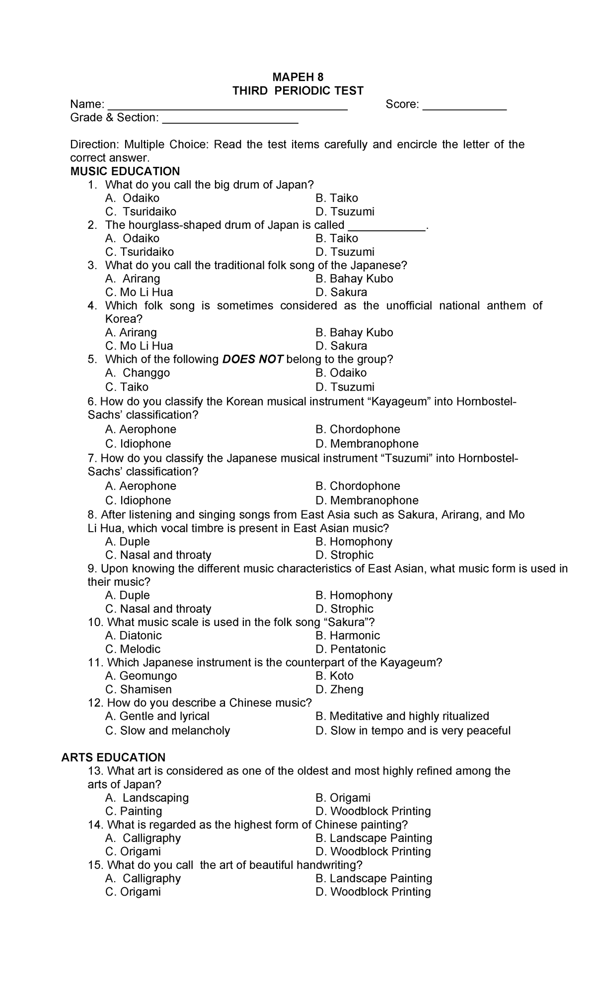 MAPEH 8 THIRD PERIODIC TEST: Music, Arts, and PE Insights - Studocu
