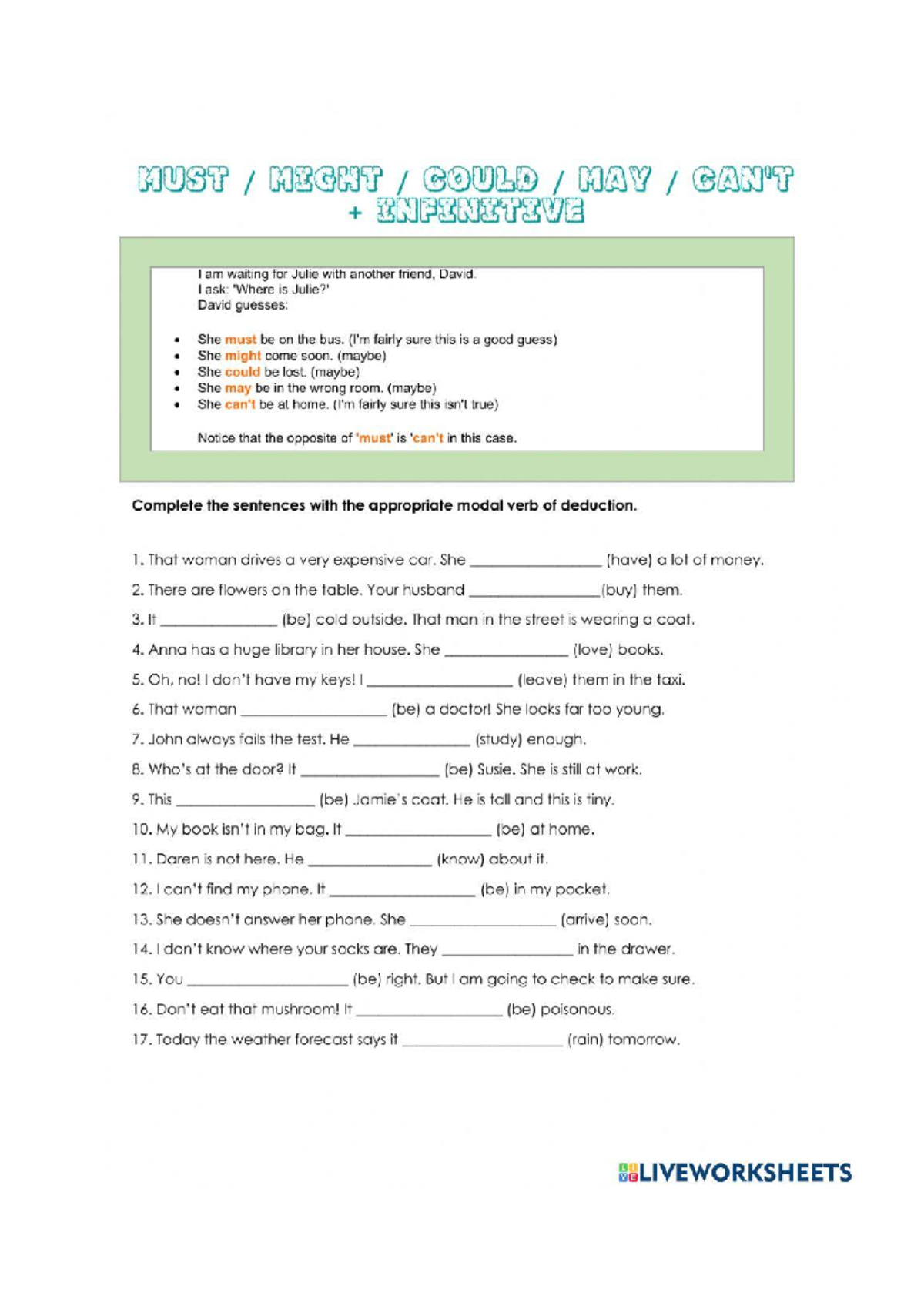 MUST, MIGHT, COULD, MAY: Modal Verbs Worksheet 732247-1 - Studocu
