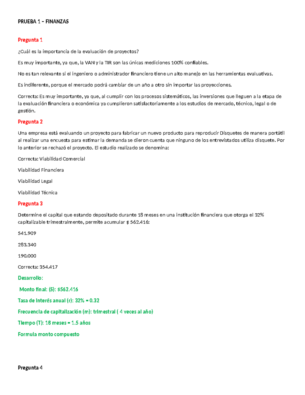 Prueba 1 - Finanzas: Evaluación de Proyectos y Cálculos Financieros ...