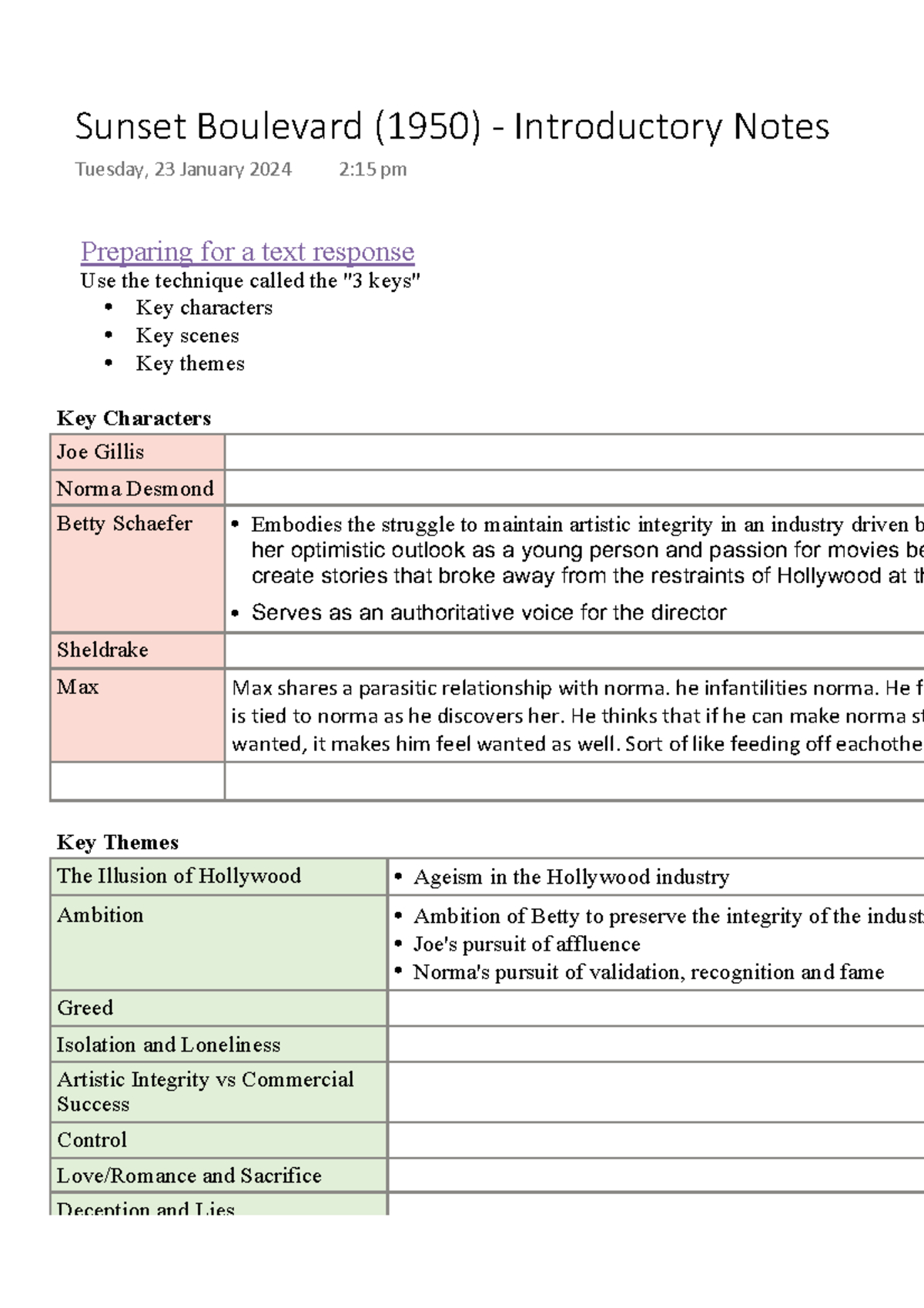 Sunset Boulevard (1950) - Key Themes and Character Analysis Notes - Studocu