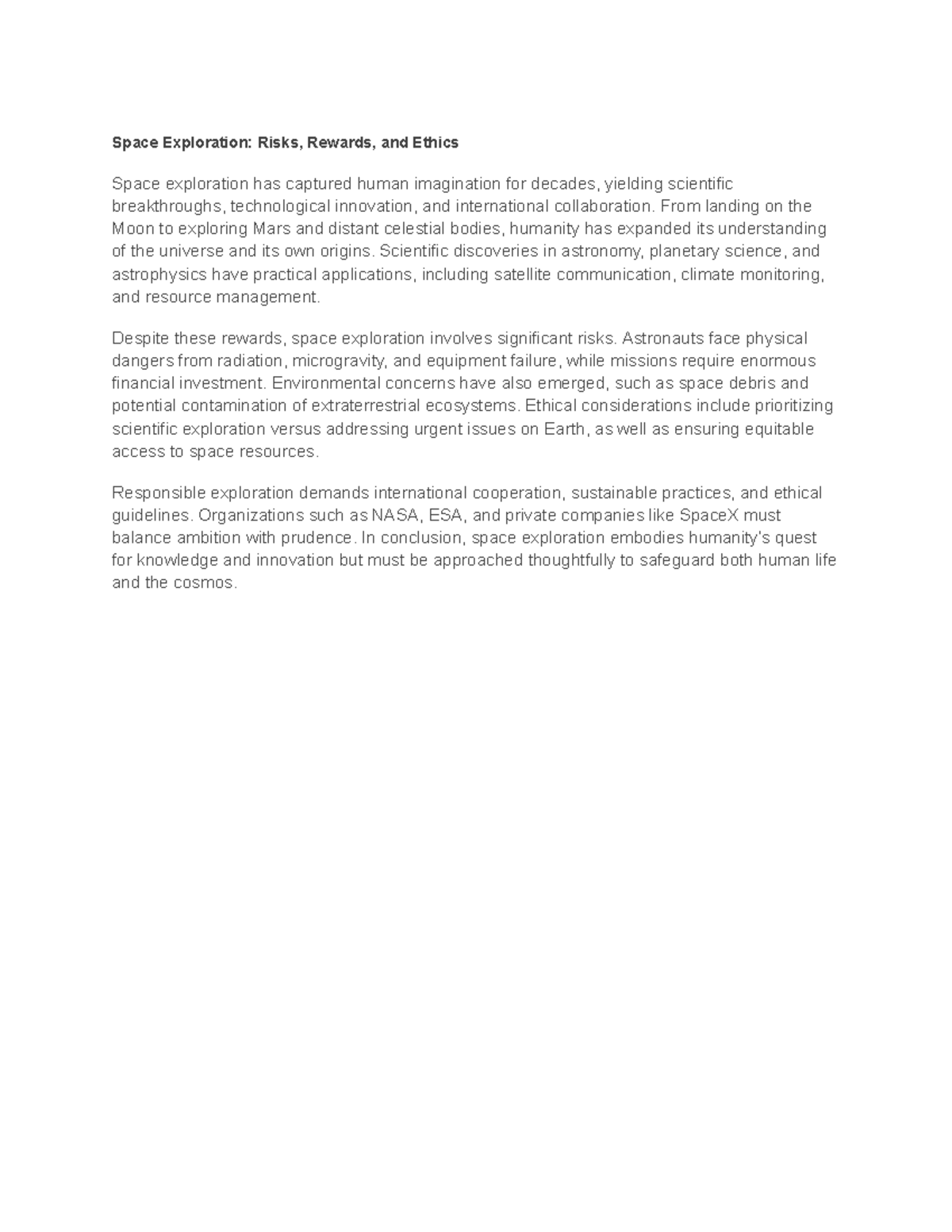 Space Exploration: Risks, Rewards, and Ethics (Course Code: 4) - Studocu