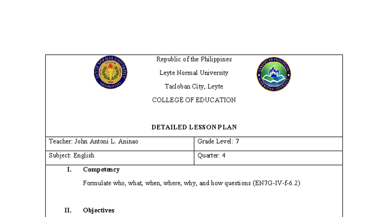 Detailed Lesson Plan for Grade 7 English (Quarter 4) - TBLT - Studocu