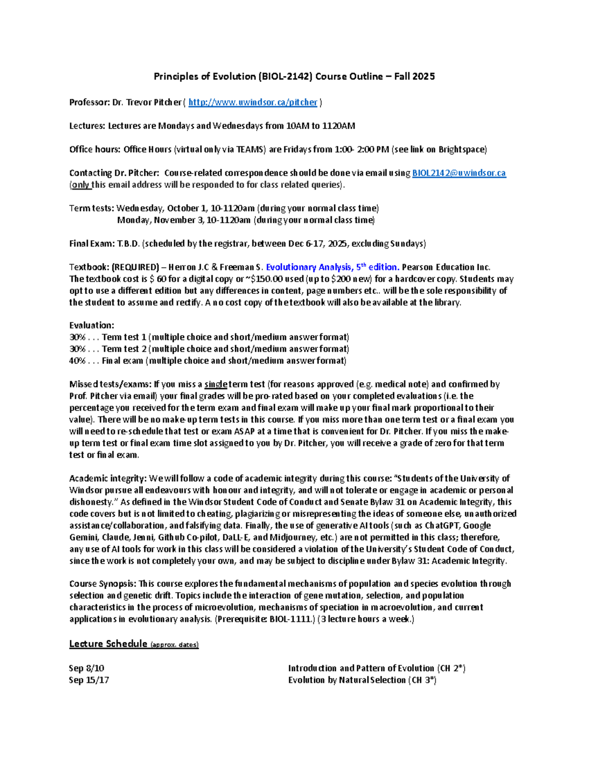 F2025 BIOL2142 Principles of Evolution Course Outline - Studocu