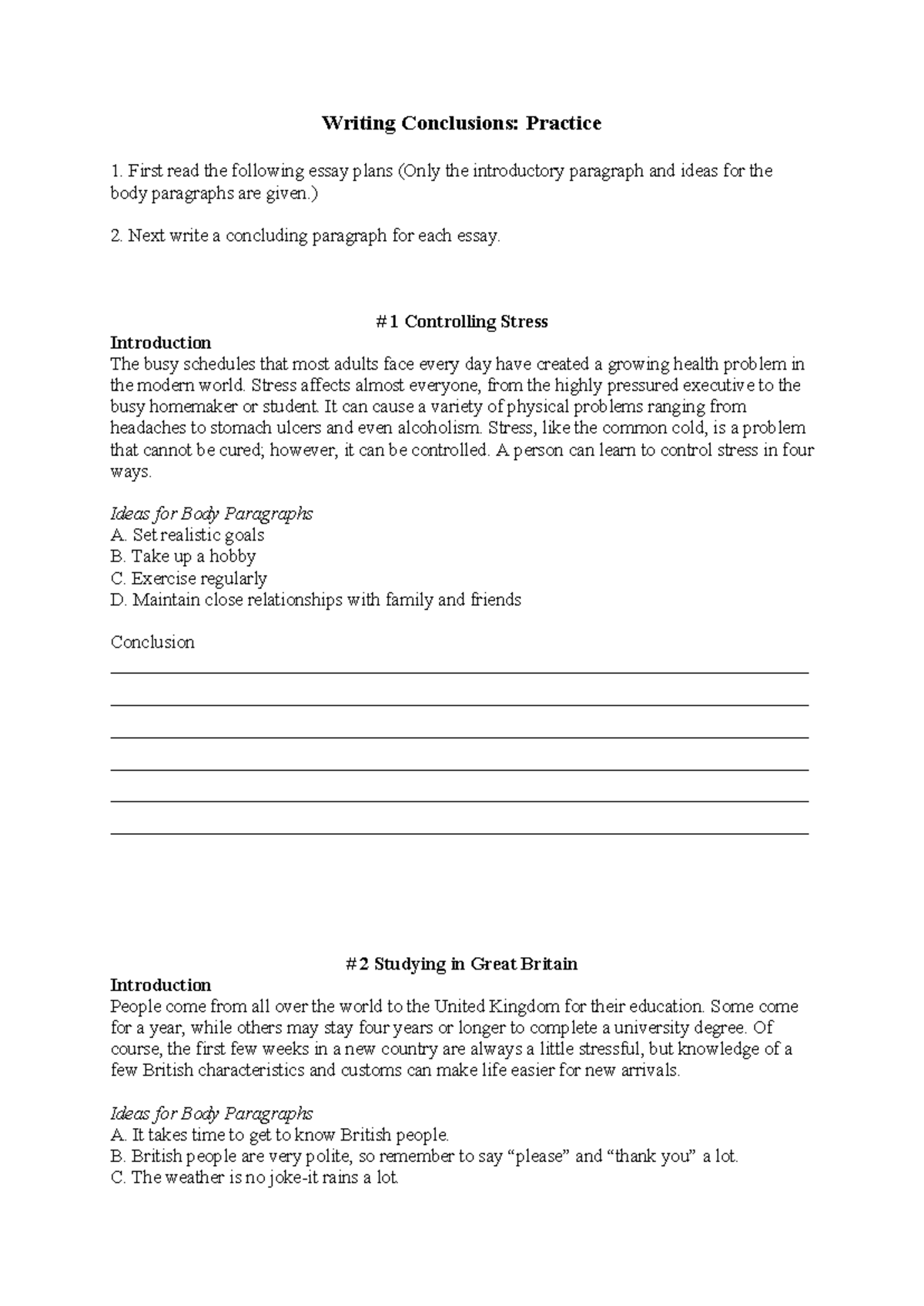 Writing Conclusion Practice - First read the following essay plans ...