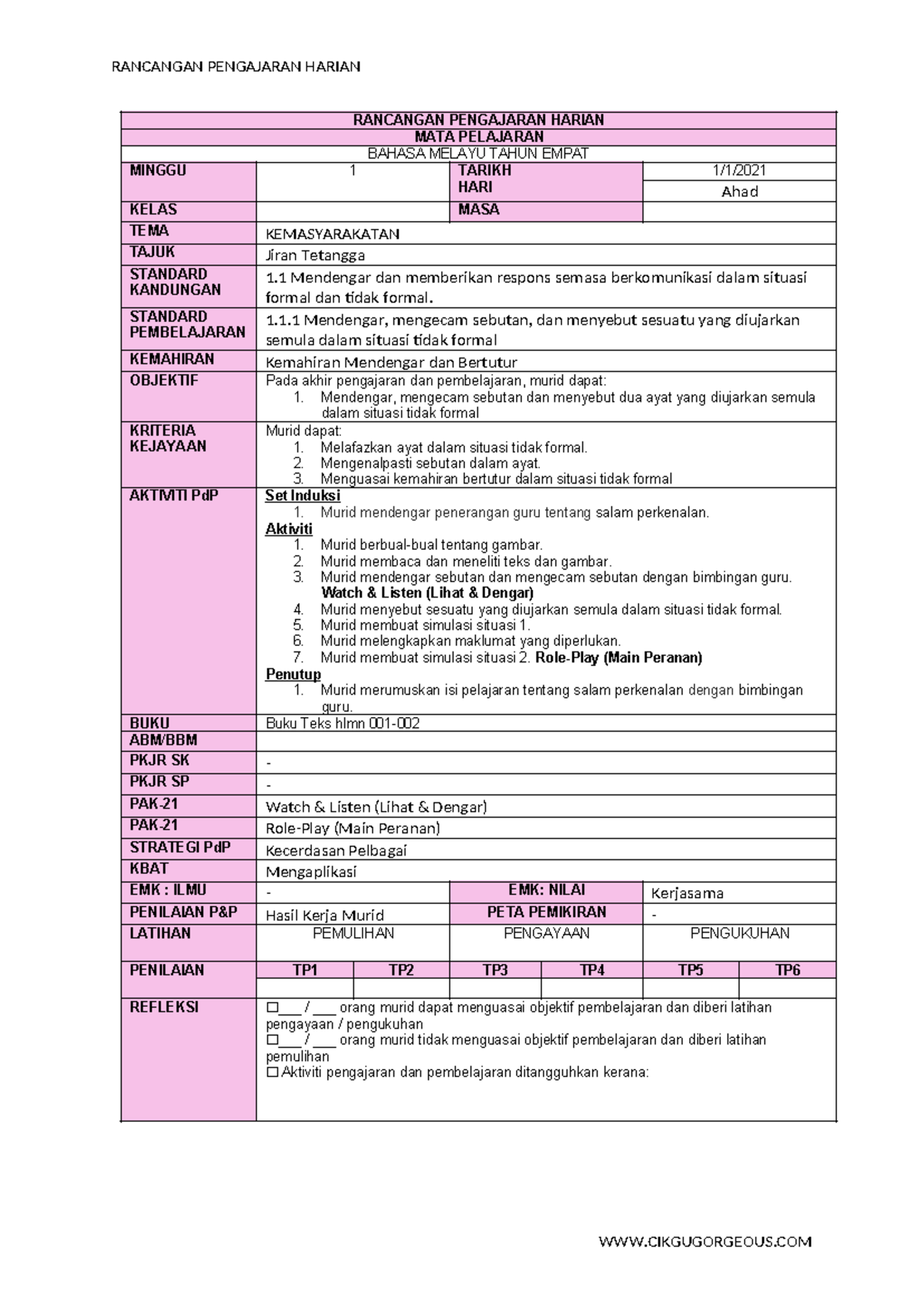 RPH BM 4 W1 2021: Rancangan Pengajaran Harian Bahasa Melayu - Studocu