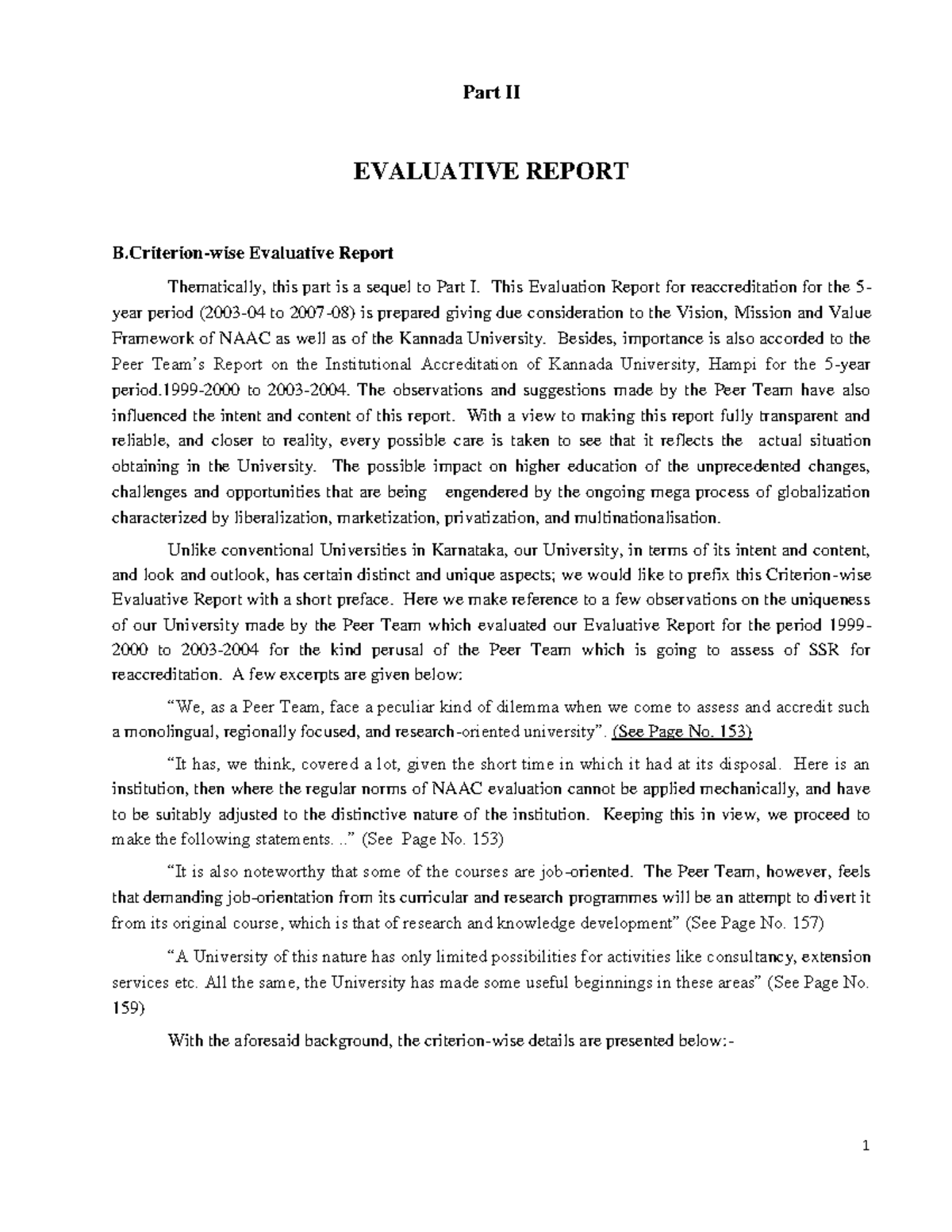 NAAC- First Cycle - Naac - Part II EVALUATIVE REPORT B-wise Evaluative ...