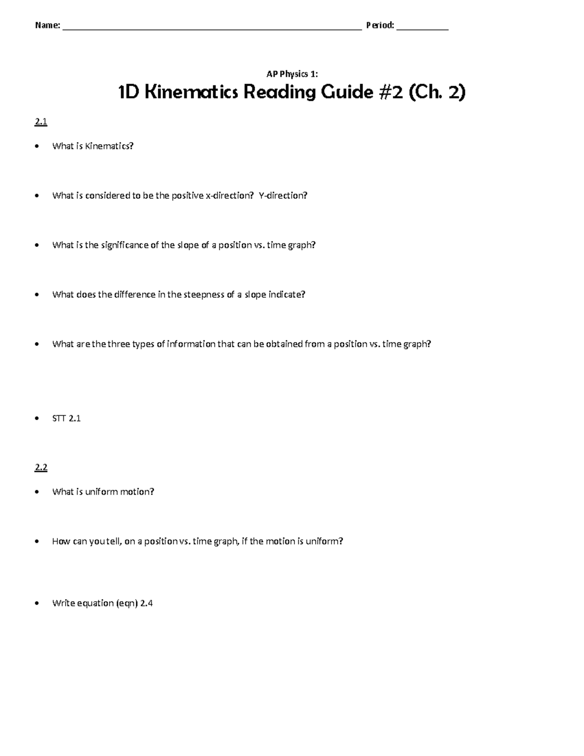 AP Physics 1: 1D Kinematics Reading Guide (Ch. 2) Notes - Studocu