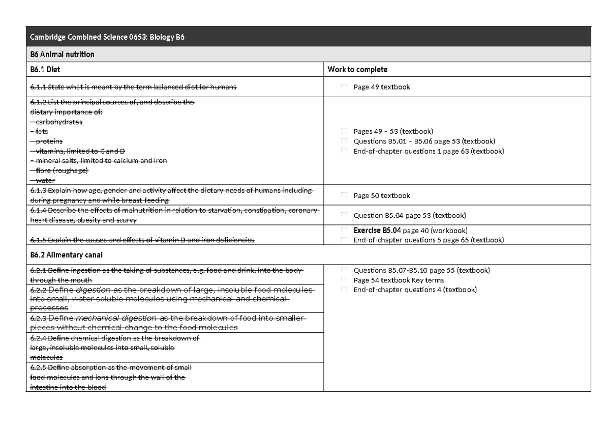 Cambridge Combined Science 0653: Biology B6 Study Guide on Animal ...