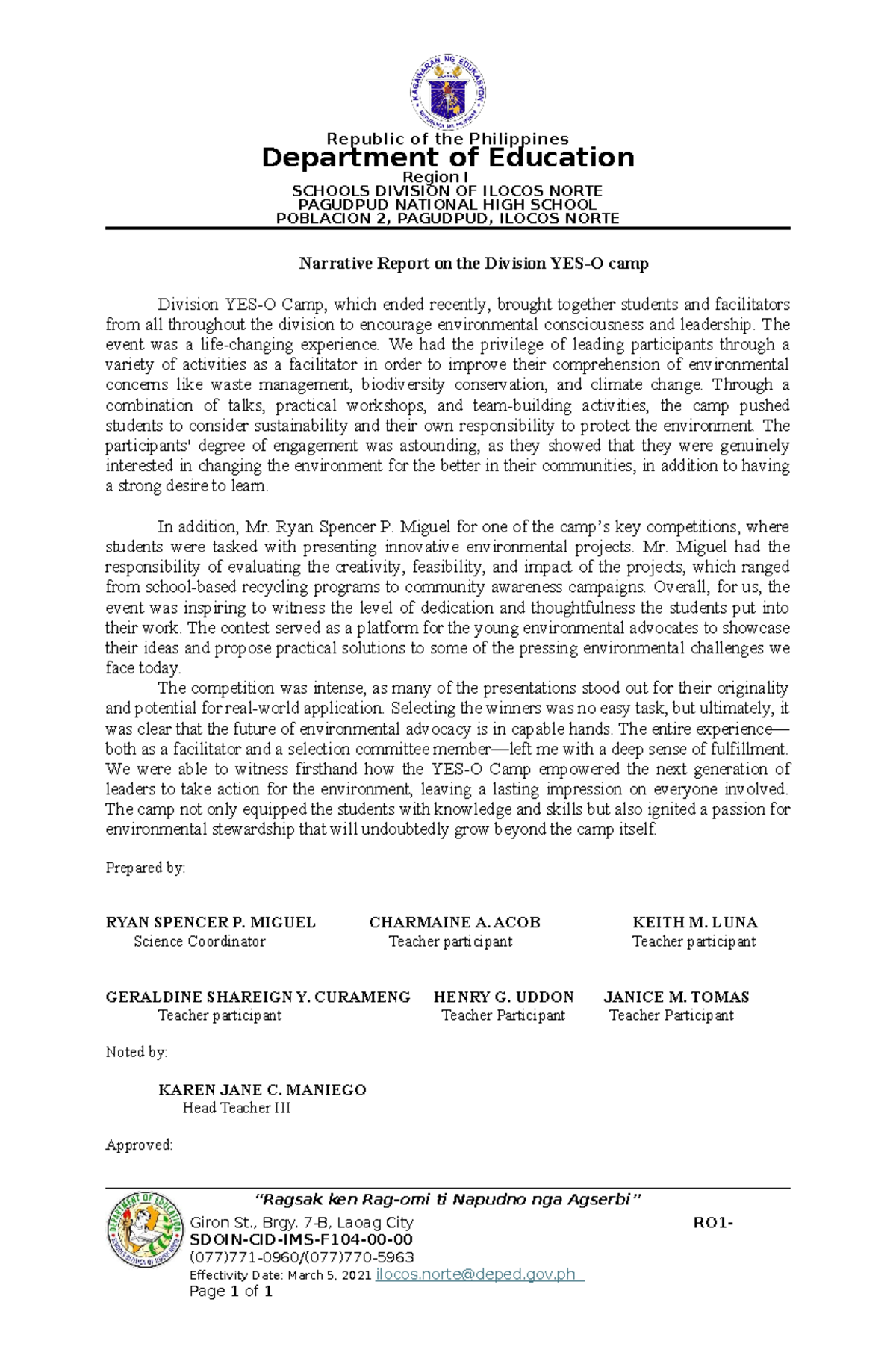 Narrative Report on the Division YES-O camp - Department of Education ...