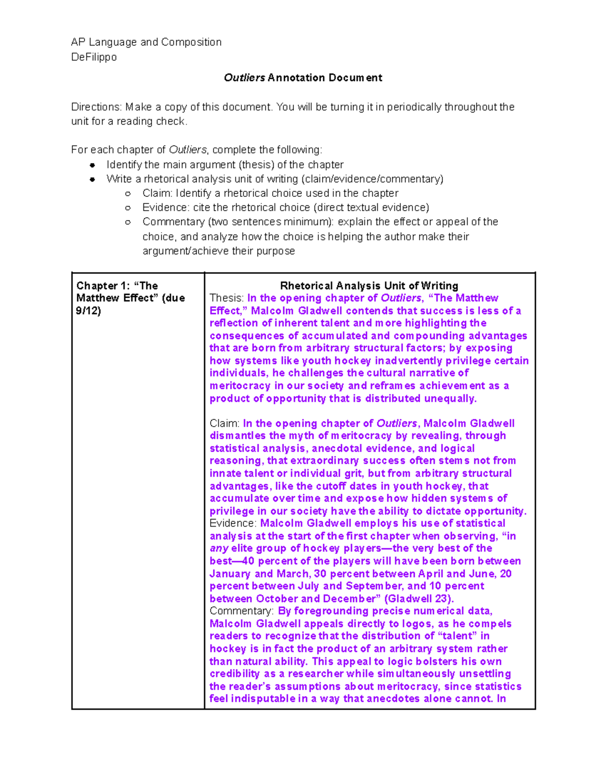 AP Lang - Outliers Annotation Document (Chapters 1-2) - Studocu