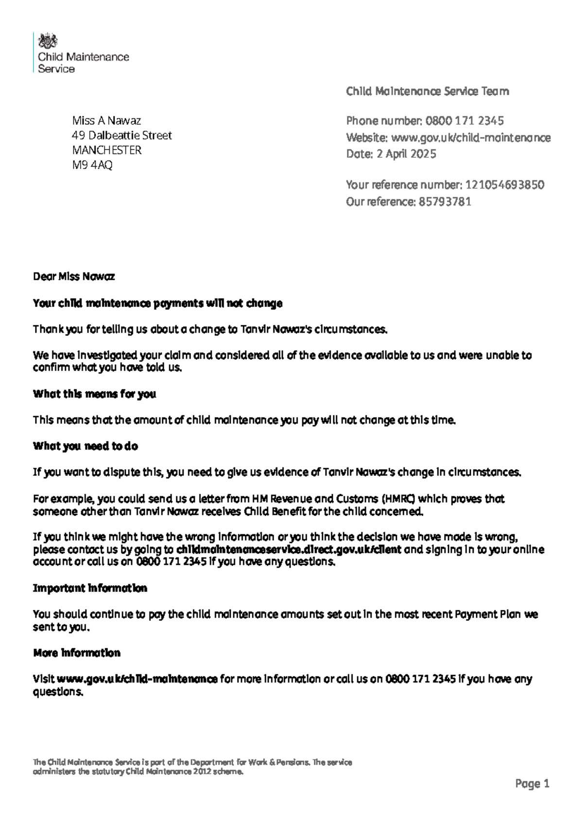Child maintenance service decision letter for Miss A Nawaz (CMSL9507 ...