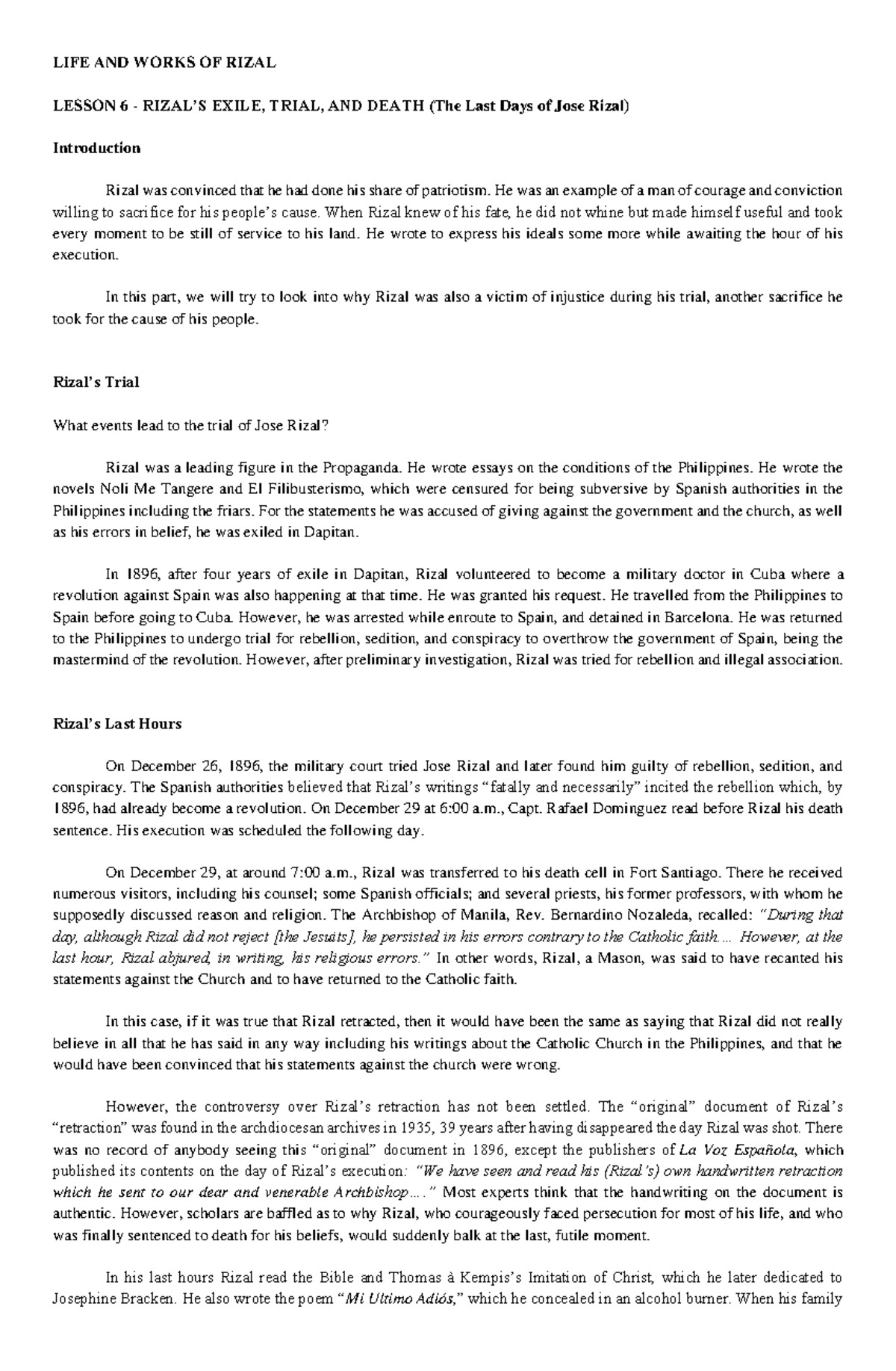 Lesson 6 - The Exile, Trial, and Death of Jose Rizal (Final Exam) - Studocu