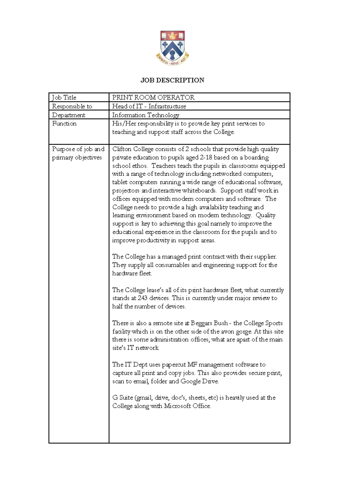 Print Room Operator - Job Description - JOB DESCRIPTION Job Title PRINT ...
