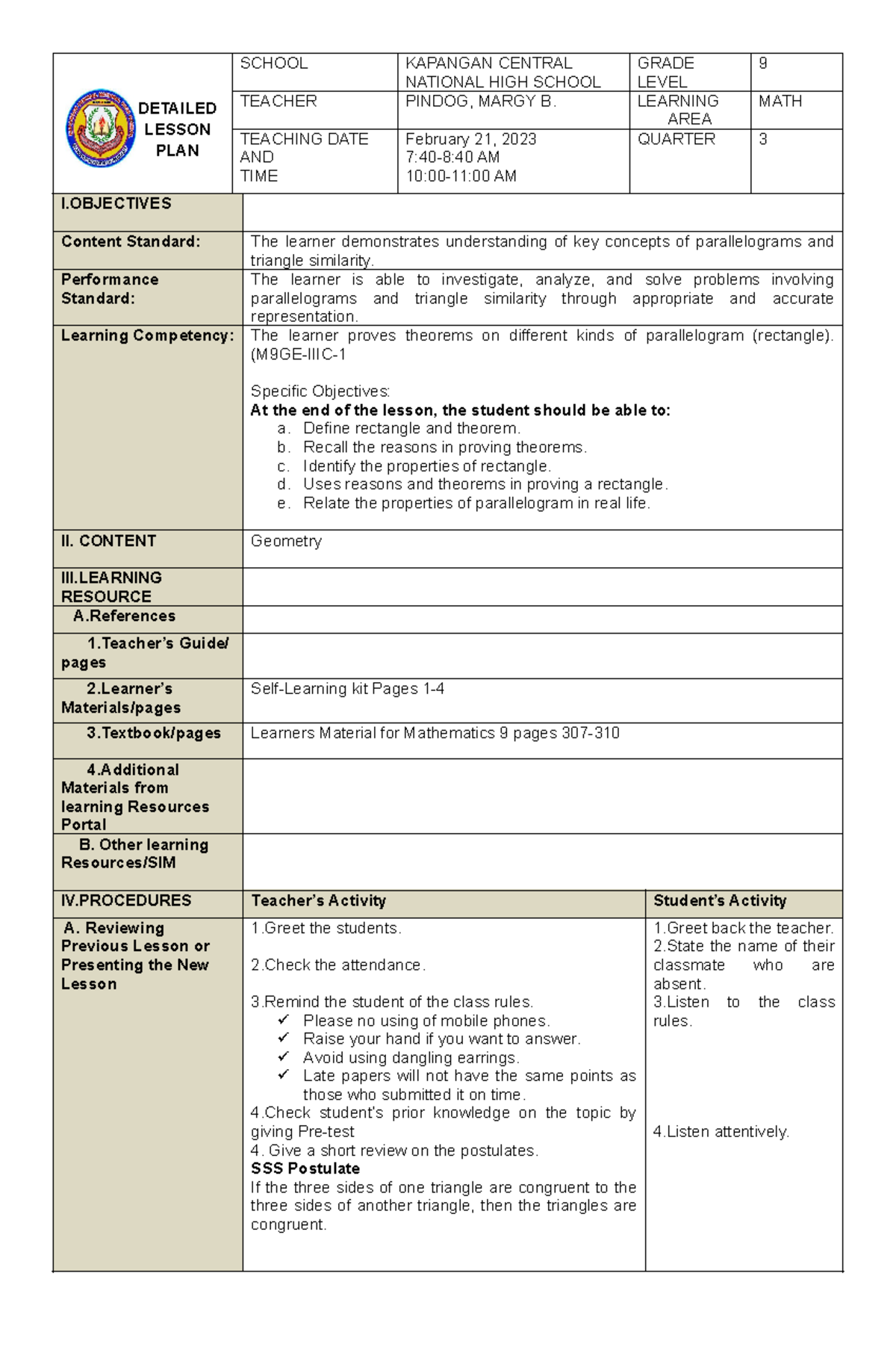 Rectangle - lesson plan - SCHOOL KAPANGAN CENTRAL NATIONAL HIGH SCHOOL ...