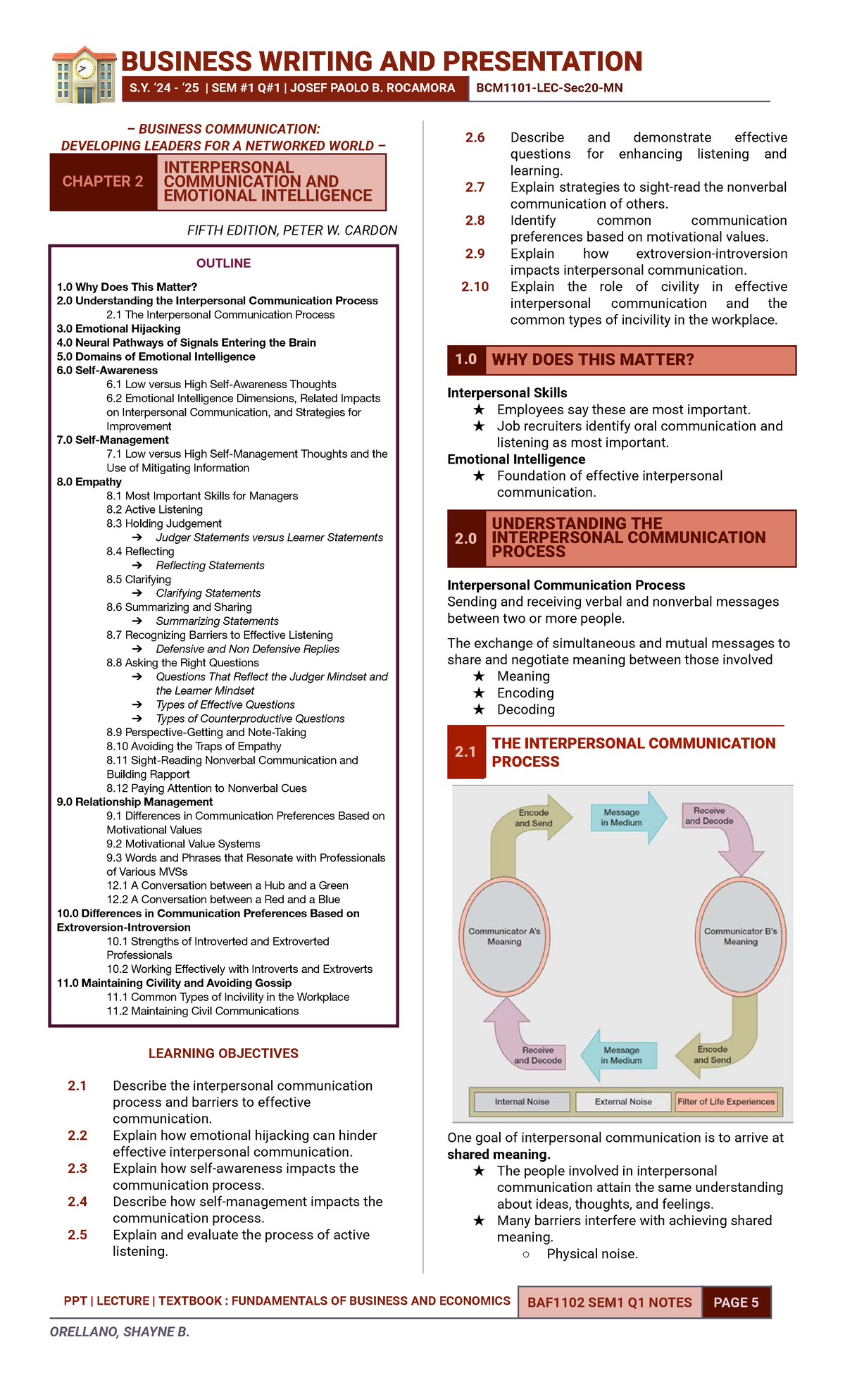 BAF1102 SEM1 Q1: Chapter 2 - Interpersonal Communication & Emotional ...