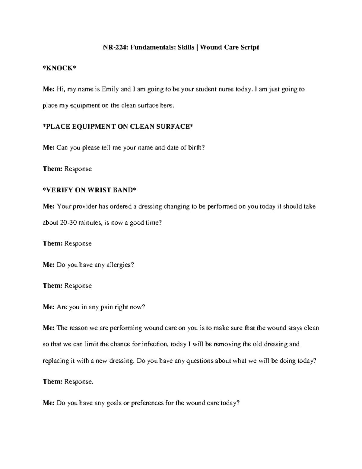 NR 224 Wound Care Script: Student Nurse Procedure Guide - Studocu