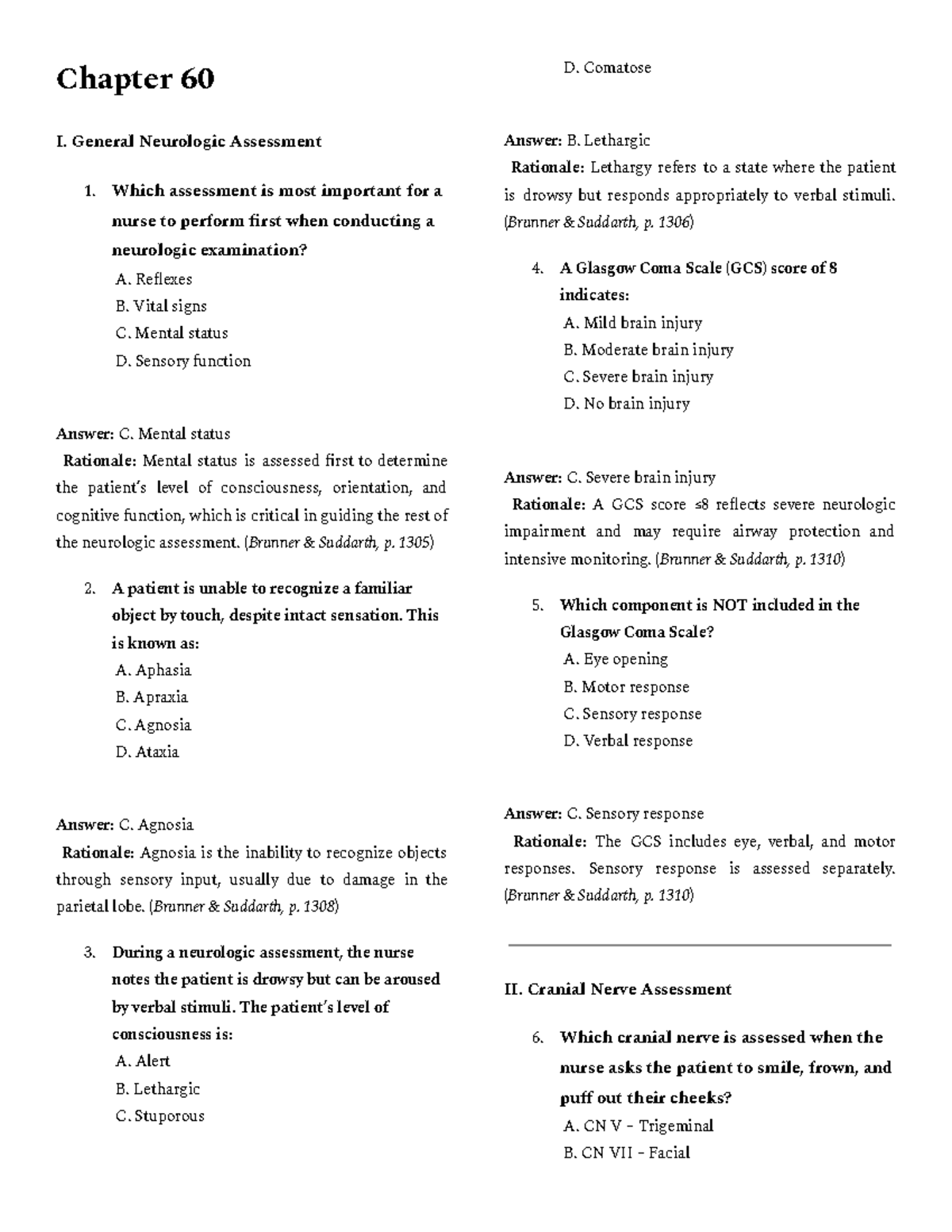 C60 Neurologic Assessment Practice Questions and Answers - Studocu