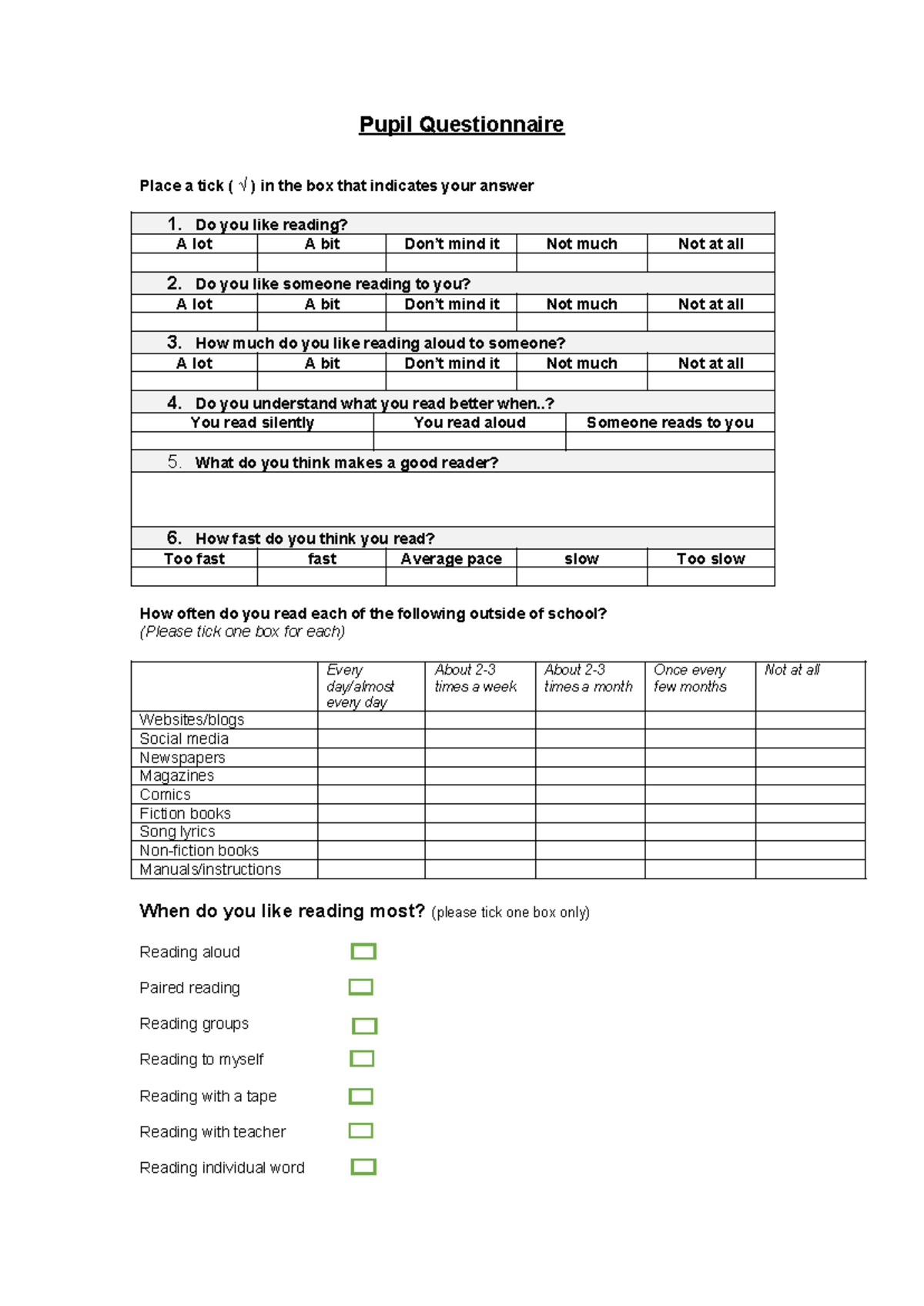 Reading Fluency Pupil Questionnaire: Assessing Reading Preferences ...