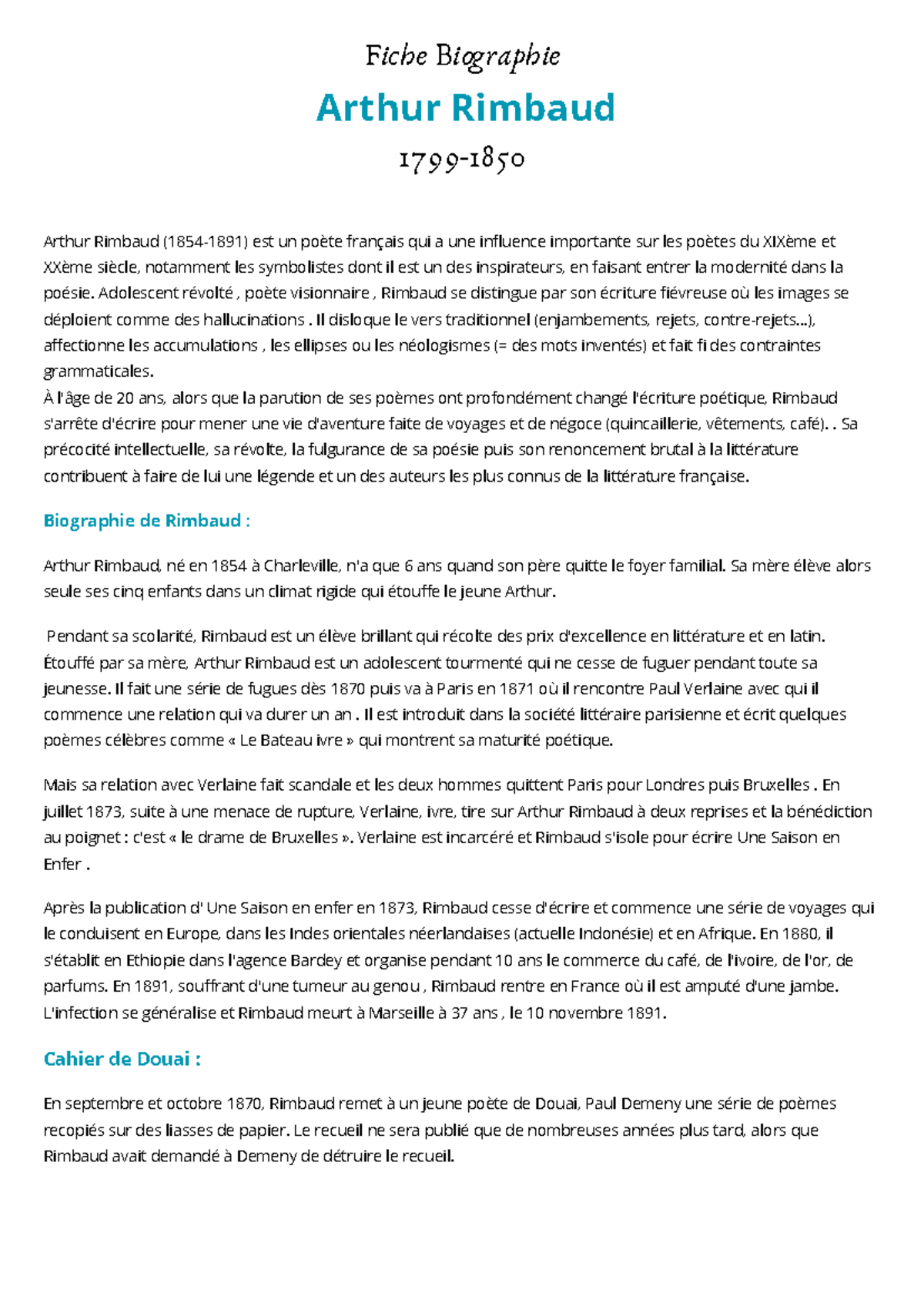 Fiche Biographique sur Arthur Rimbaud : Poète Révolutionnaire de l'Art ...