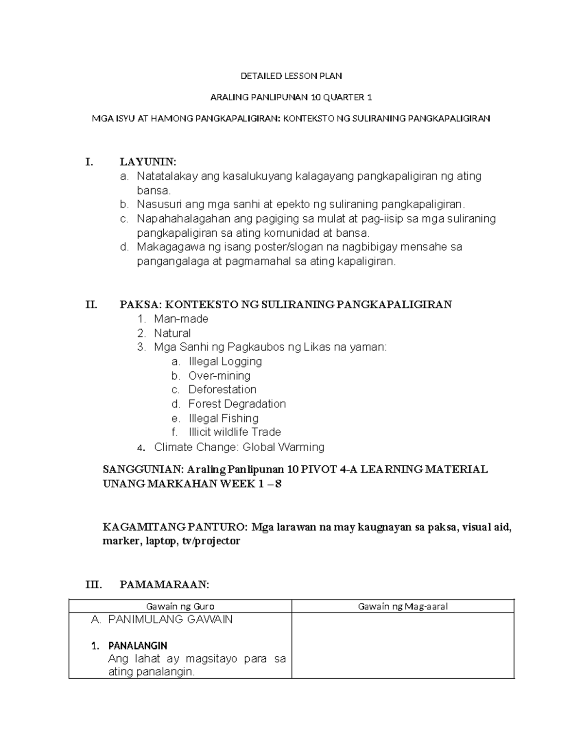 Detailed Lesson Plan: Araling Panlipunan 10 - Quarter 1 Overview - Studocu