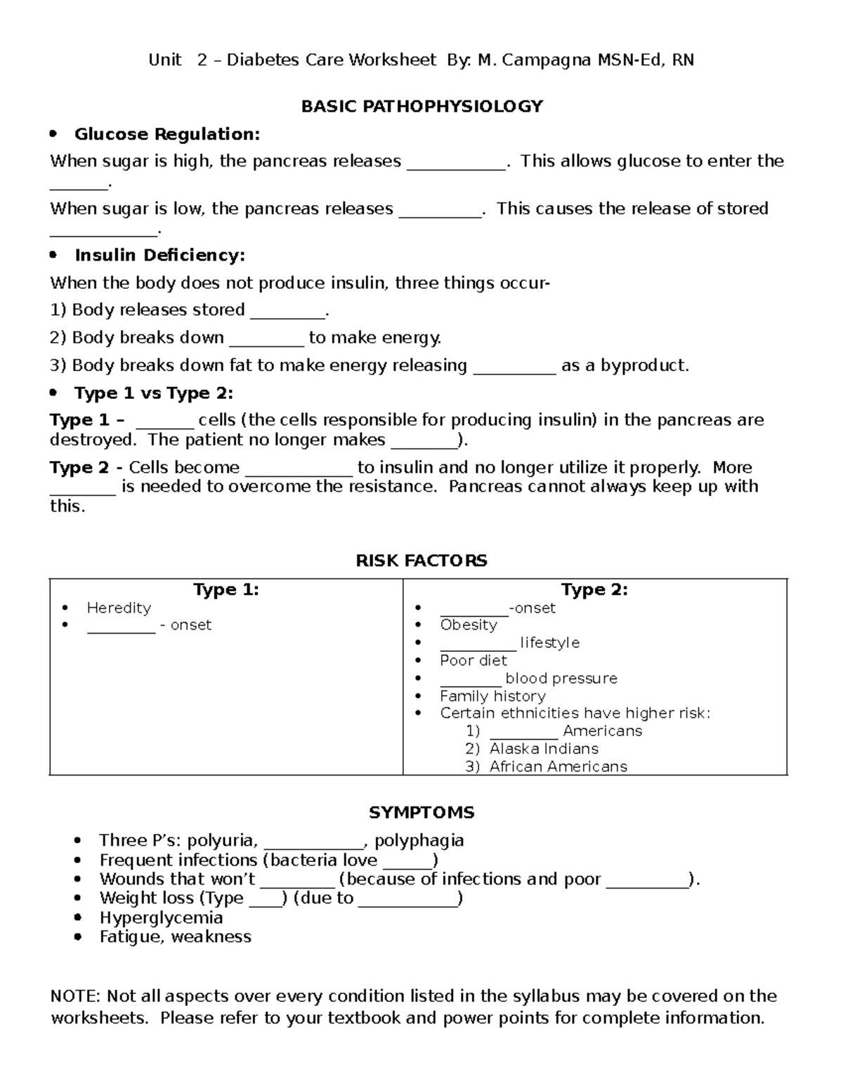 Unit 2 Diabetes Care Worksheet: Key Insights by M. Campagna RN - Studocu